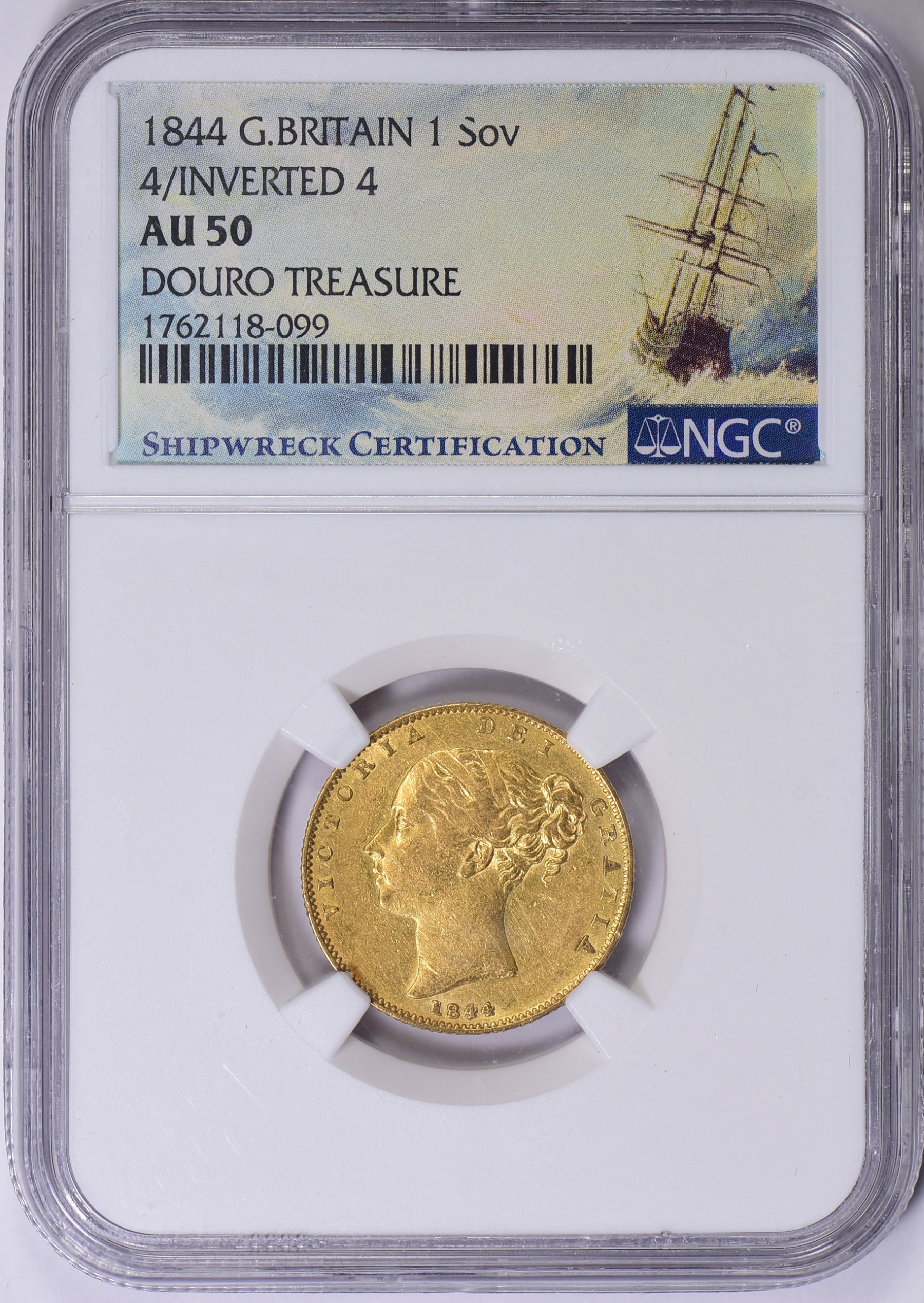 Great Britain 1844 Gold Sovereign 4 Over Inverted 4 KM-736.1 NGC AU-50 ...