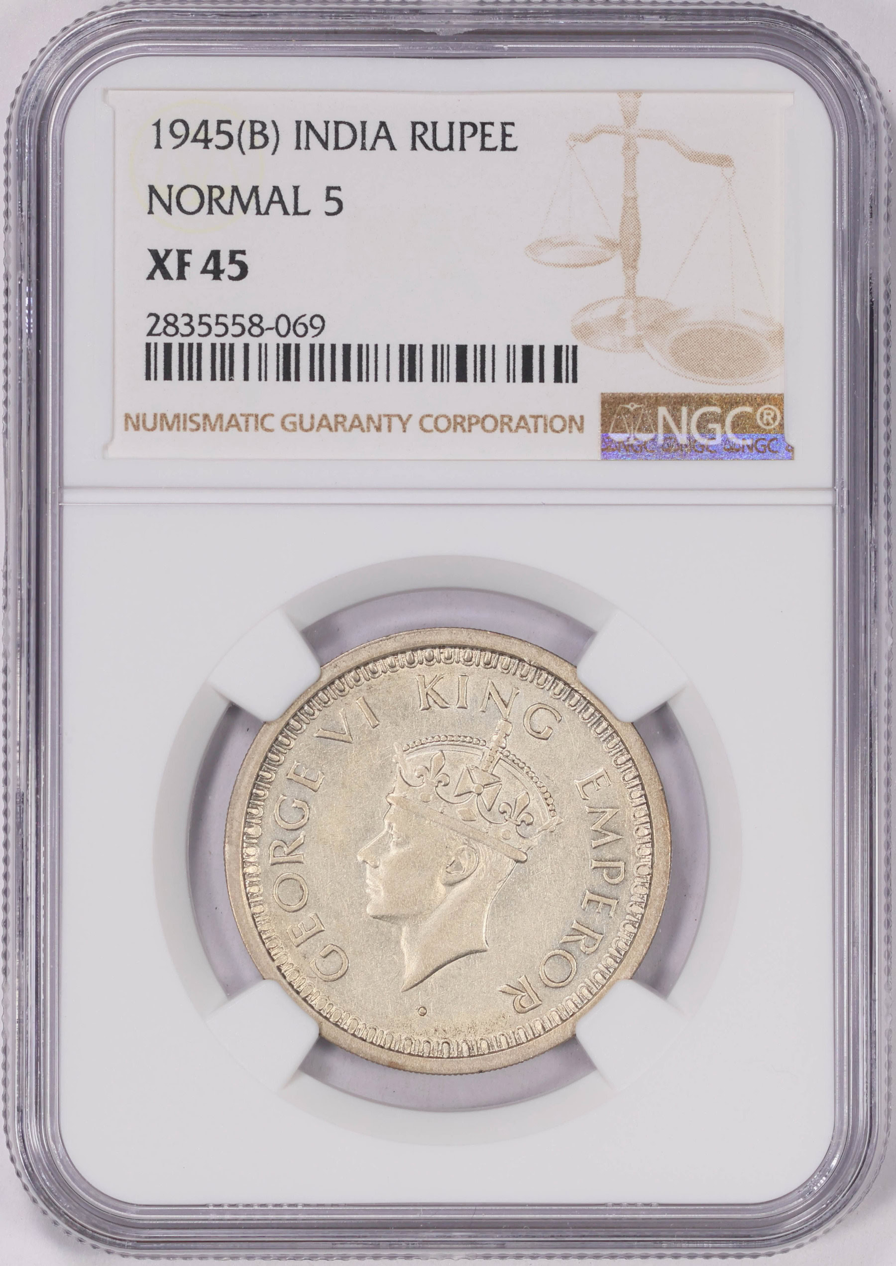 India 1945-(B) Silver Rupee Normal 5 KM-557.1 NGC XF-45 (Item 1593364 ...