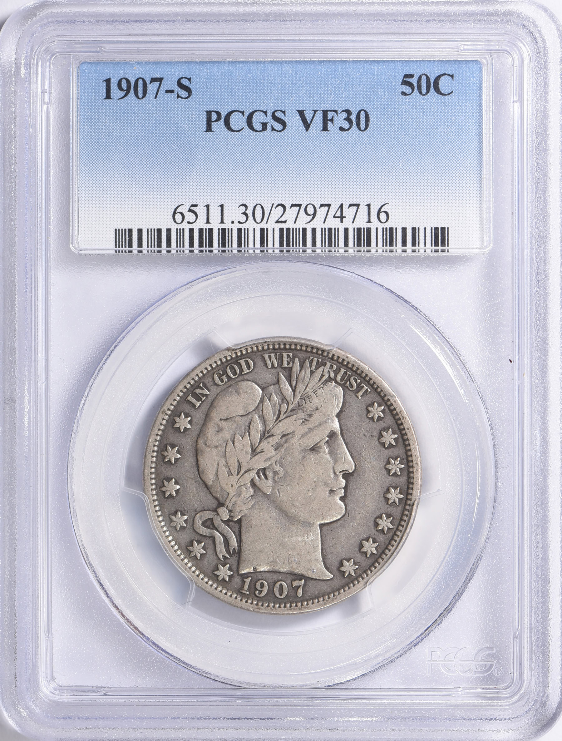 1907-S Barber Half Dollar PCGS VF-30 (Item 1594076) | GreatCollections Coin Auctions