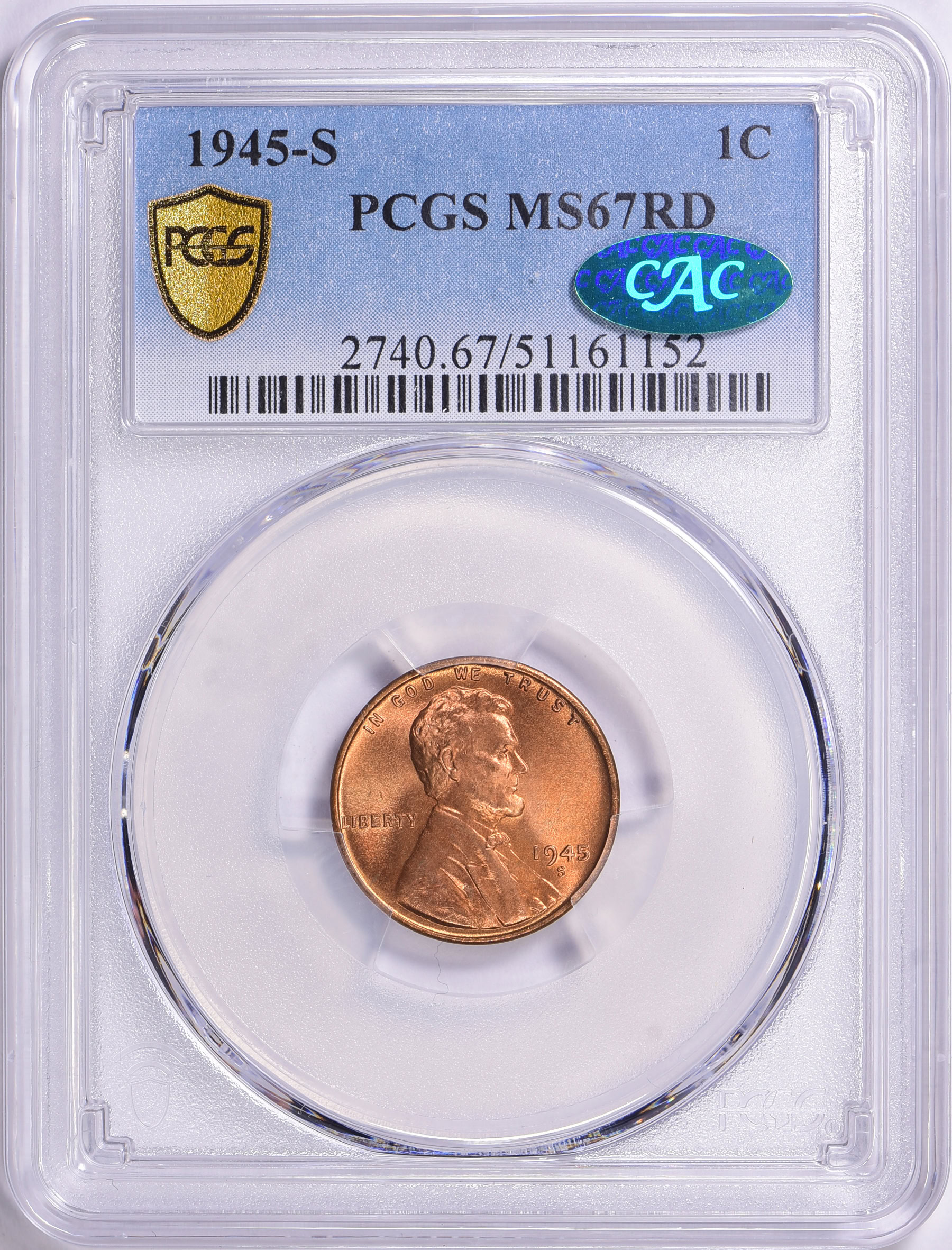 1945-S Lincoln Cent PCGS MS-67 RD (CAC Green) (Item 1595561) | GreatCollections Coin Auctions