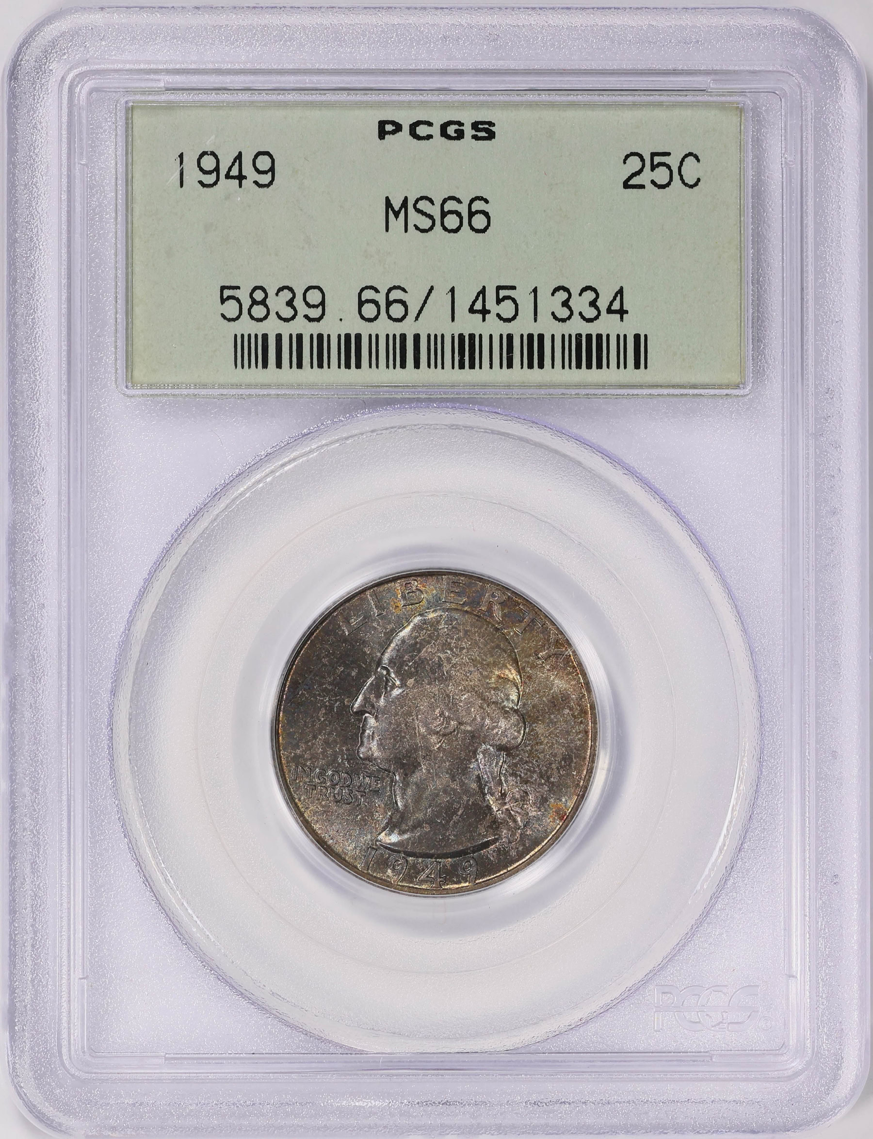 1949 Washington Quarter PCGS MS-66 OGH (Toned) (Item 1598521) | GreatCollections Coin Auctions