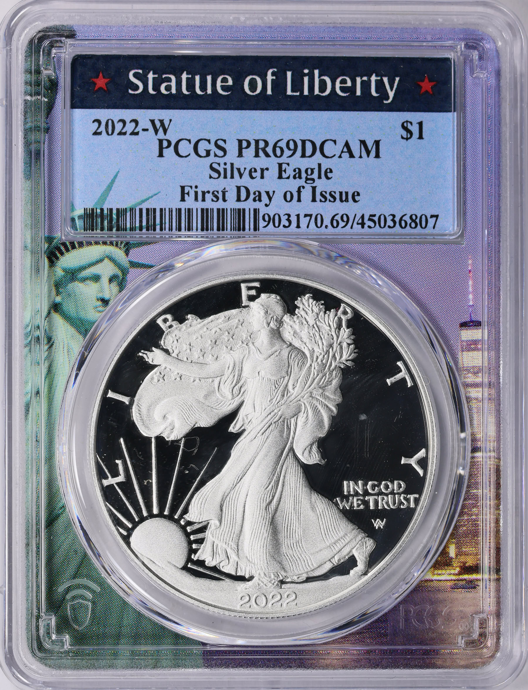 2022-W $1 Silver Eagle First Day of Issue PCGS Proof-69 DCAM (Statue of ...