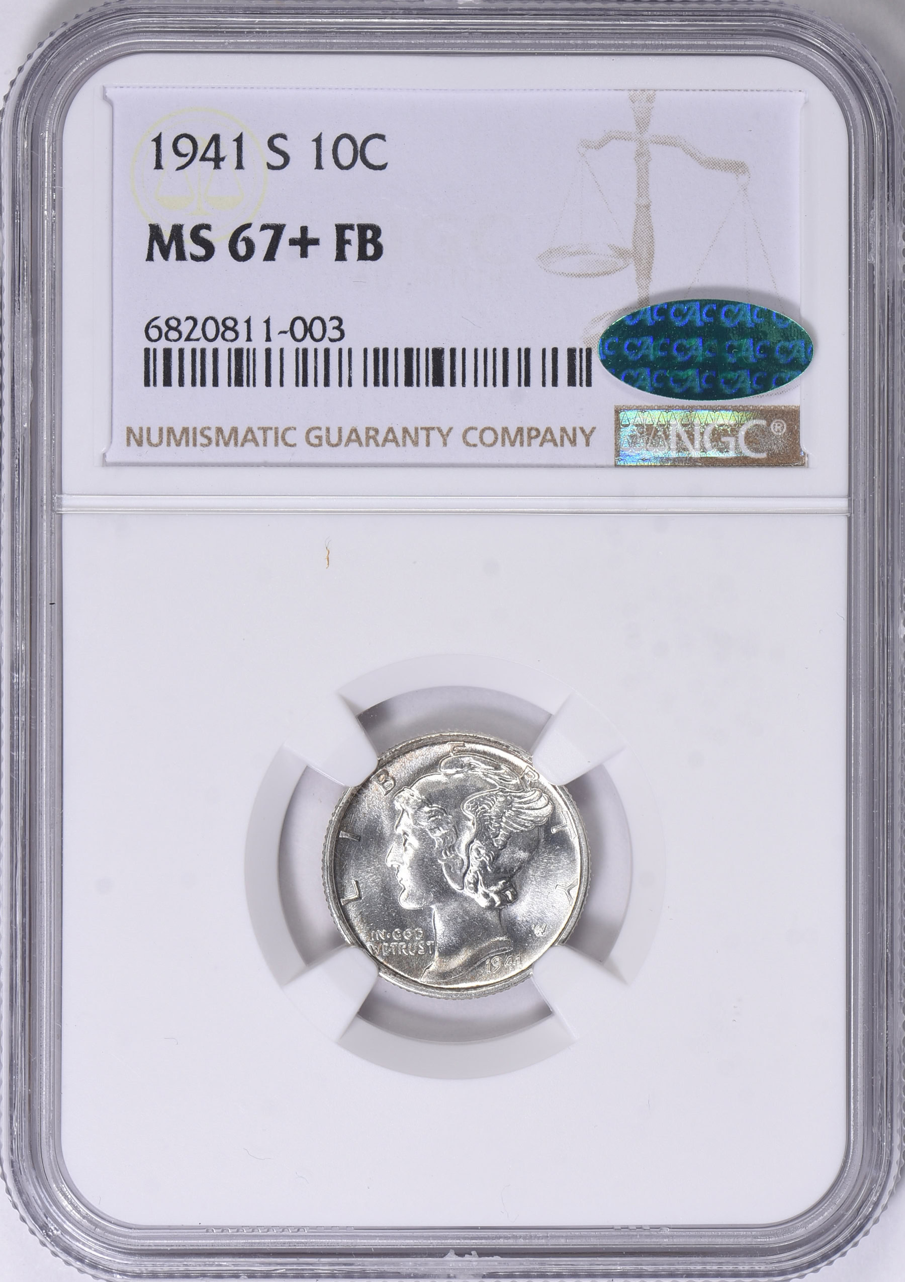 1941-S Mercury Dime NGC MS-67+ FB (CAC Green) (Item 1599642) | GreatCollections Coin Auctions