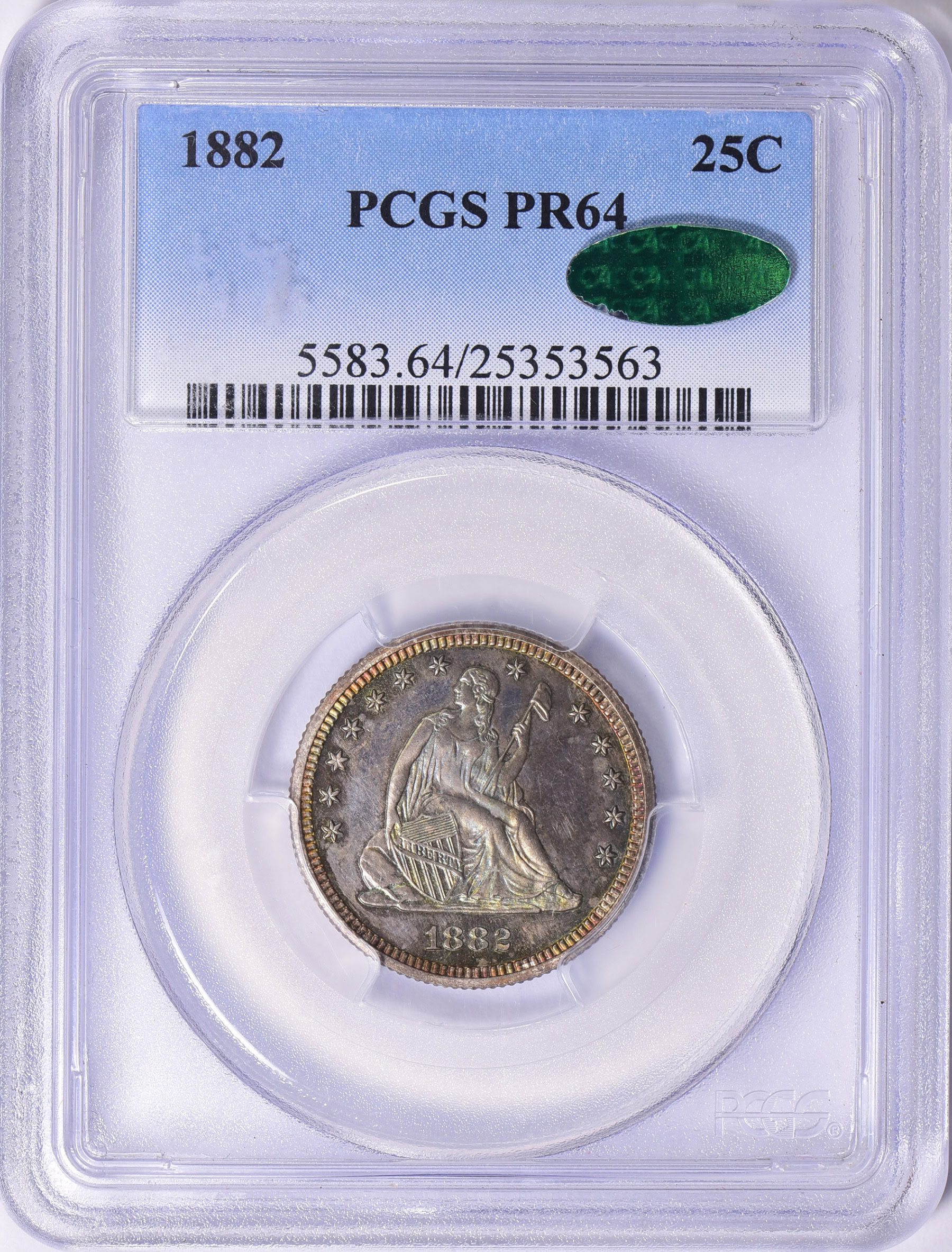 1882 Seated Liberty Quarter PCGS Proof-64 (CAC Green) (Toned) (Item 1599681) | GreatCollections ...