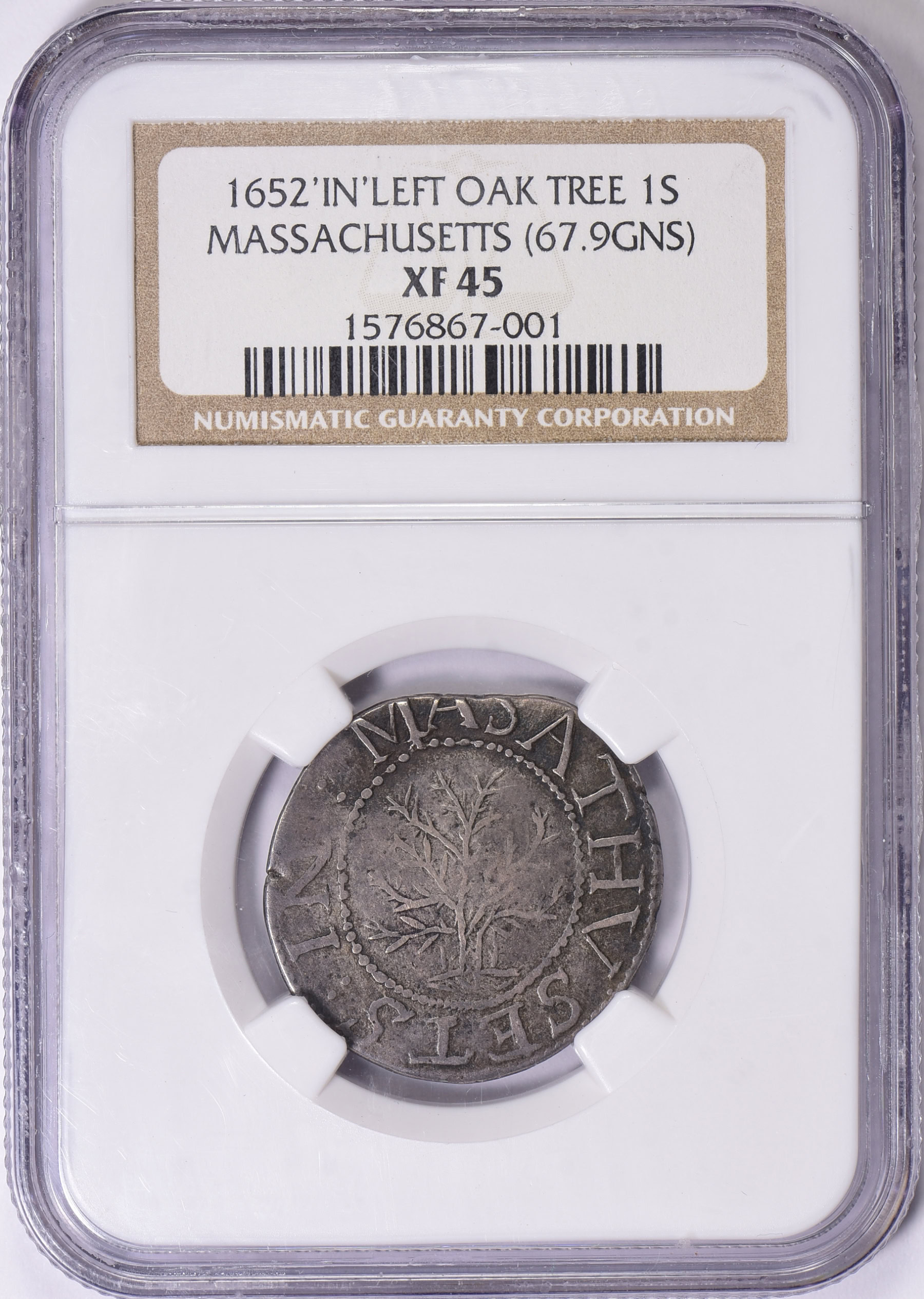 1652 Massachusetts Oak Tree Silver Shilling IN at Left (67.9 gns) NGC ...