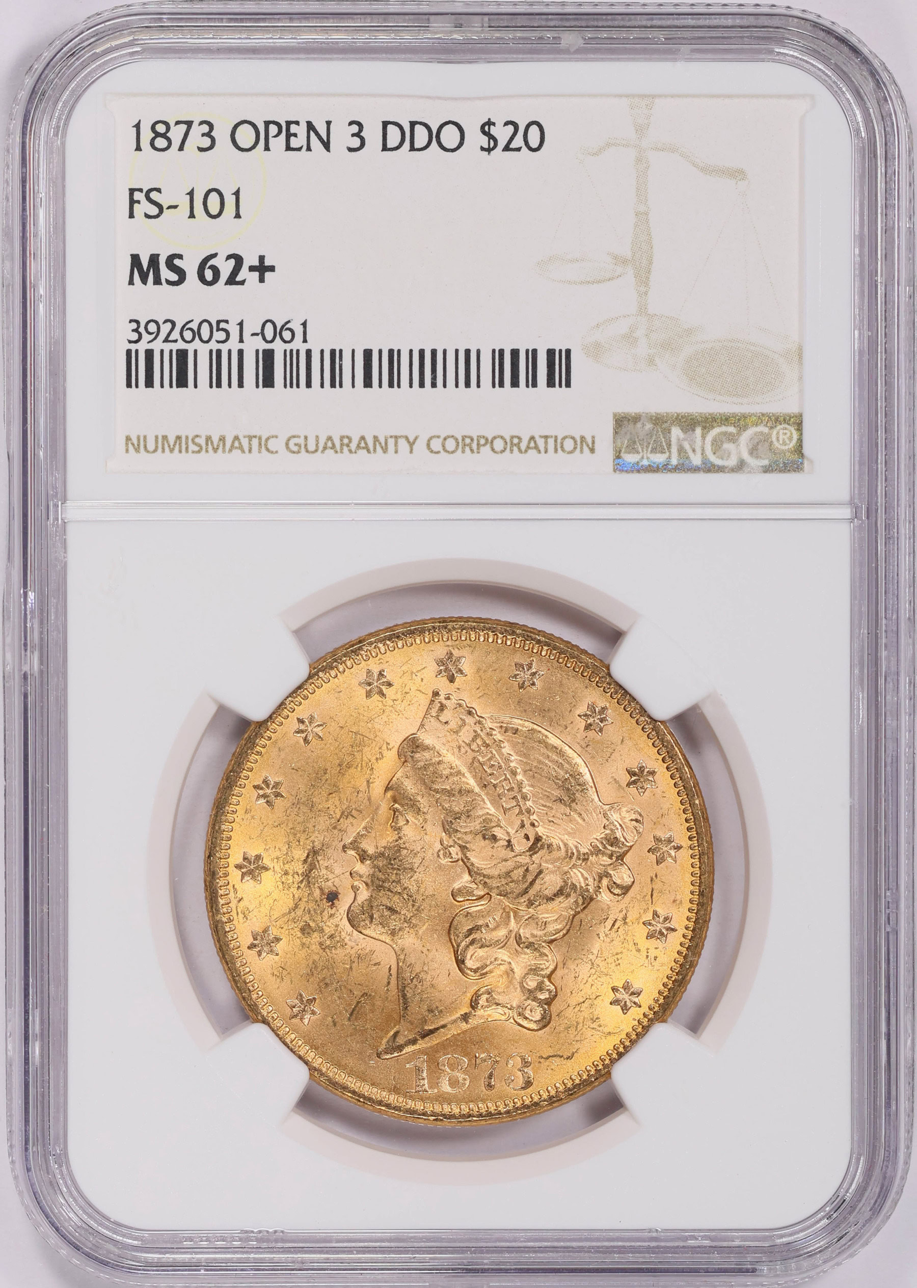 1873 Liberty Gold Double Eagle Open 3, Doubled Die Obverse FS-101 NGC MS-62+ (Item 1599859 ...