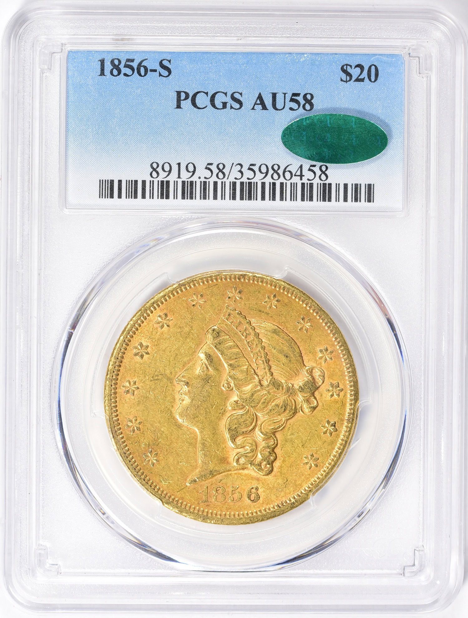 1856-S Liberty Gold Double Eagle PCGS AU-58 (CAC Green) (Item 1600263) | GreatCollections Coin ...