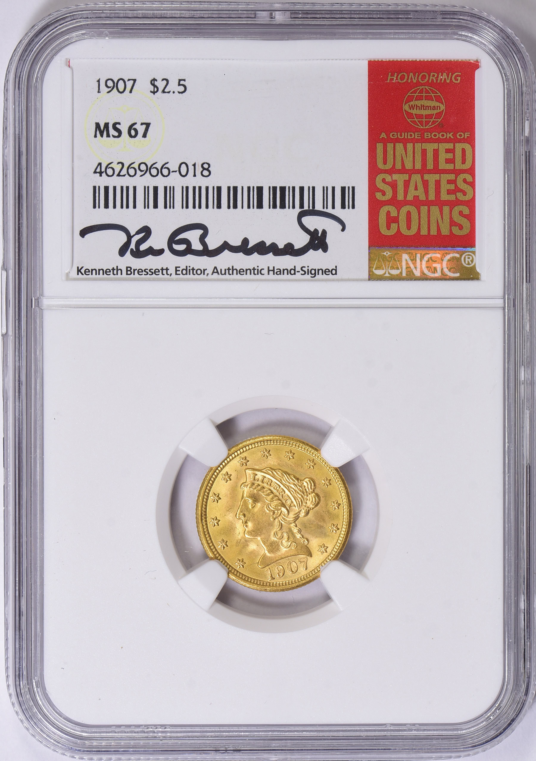 1907 Liberty Gold Quarter Eagle NGC MS-67 (Kenneth Bressett Signed ...