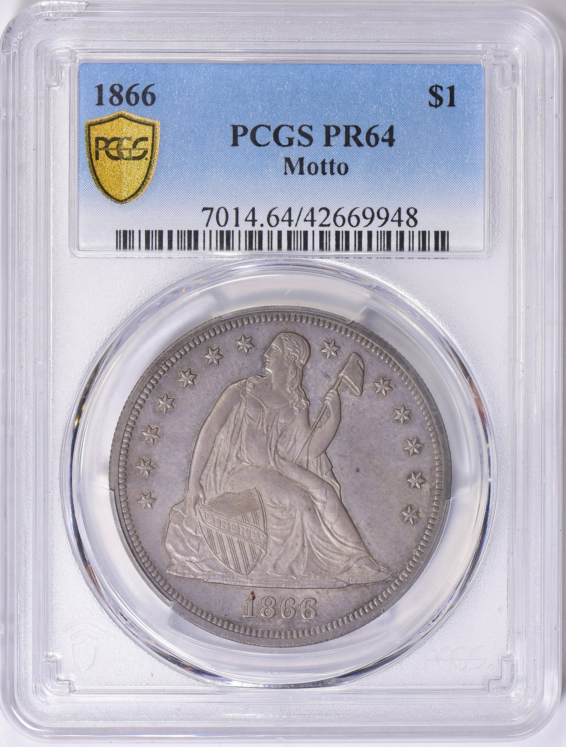 1866 Seated Liberty Silver Dollar Motto PCGS Proof-64 (Toned) (Item 1600532) | GreatCollections ...