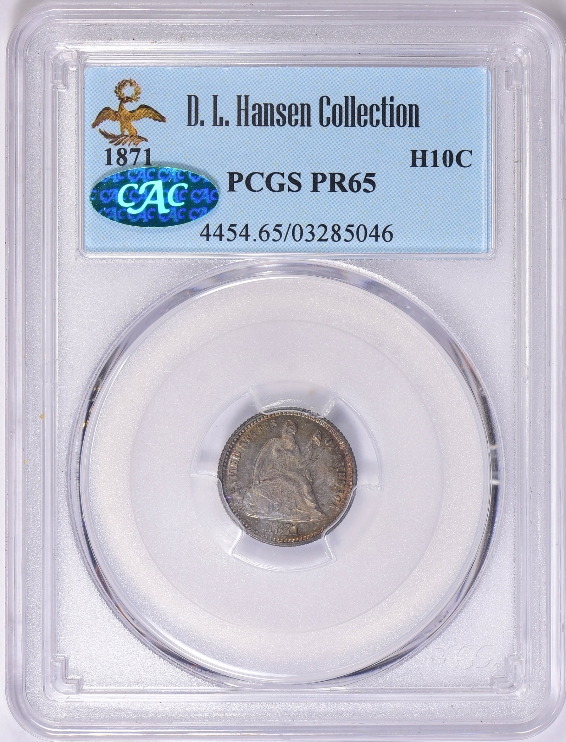 1871 Seated Liberty Half Dime PCGS Proof-65 (CAC Green) (Toned) (D. L ...