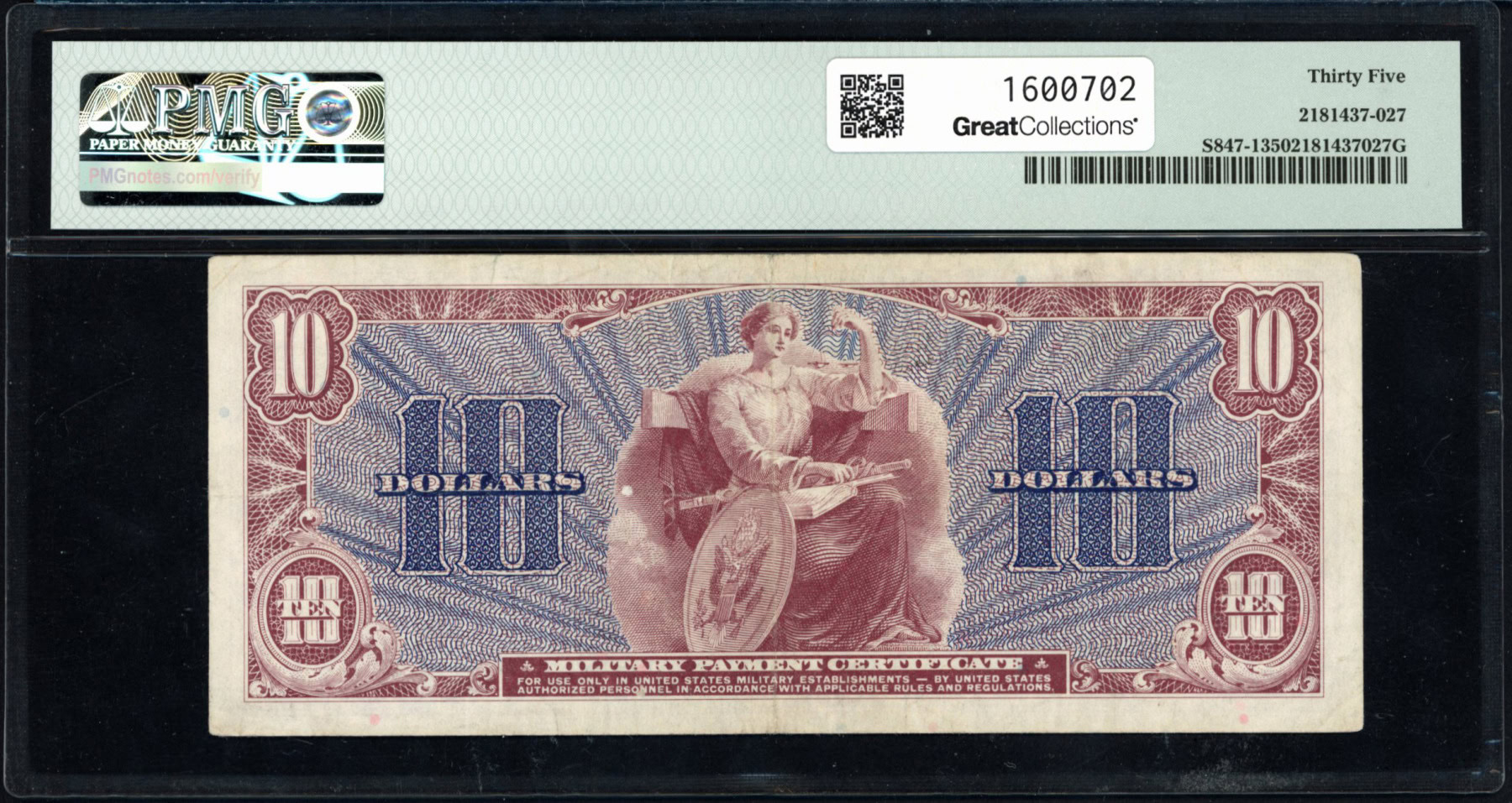 Series 521 $10 Military Payment Certificate Note First Printing PMG ...