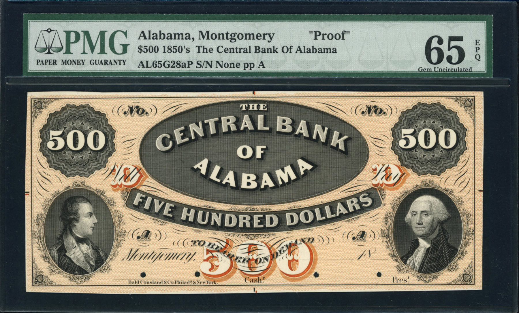 1850s Montgomery, Alabama The Central Bank of Alabama $500 Proof Note ...