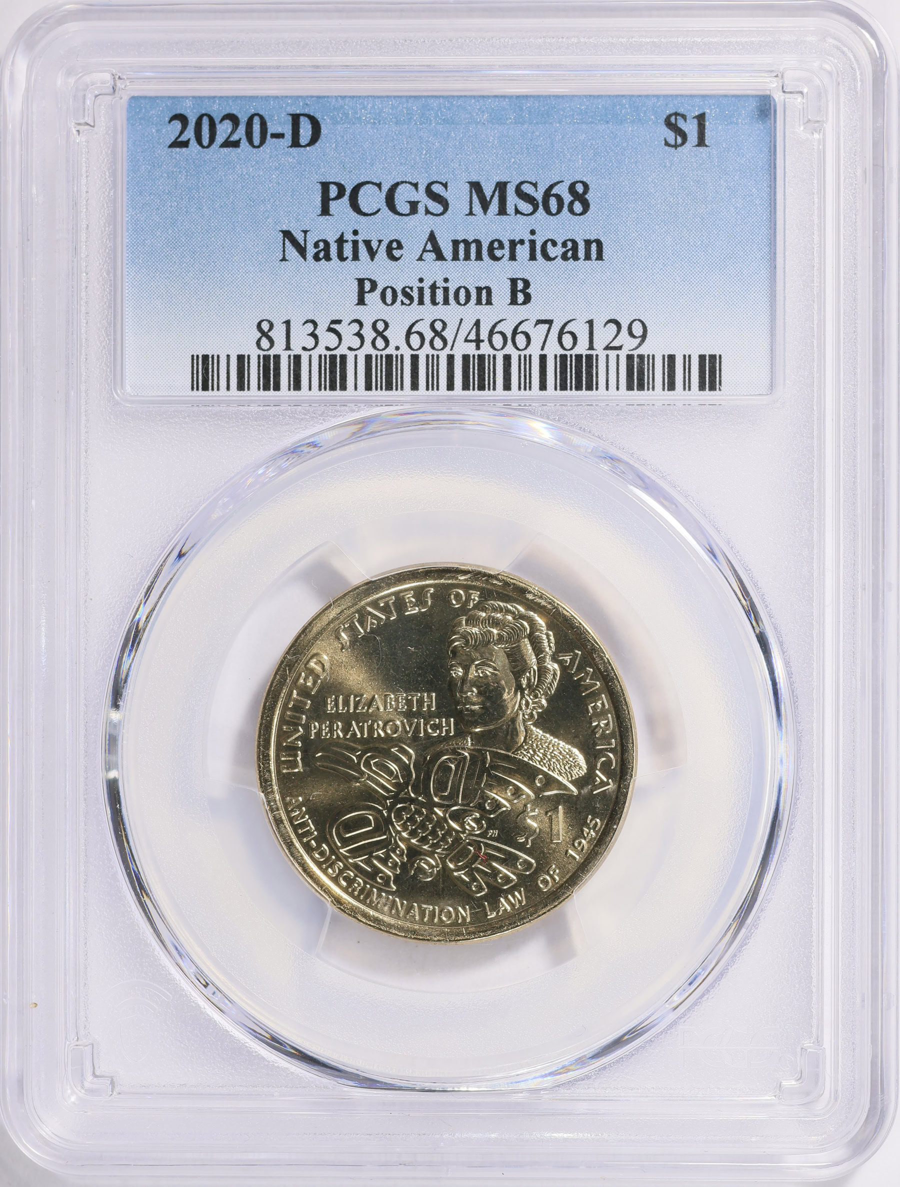 2020-D Sacagawea Dollar Native American Elizabeth Peratrovich Position B PCGS MS-68 (Item ...