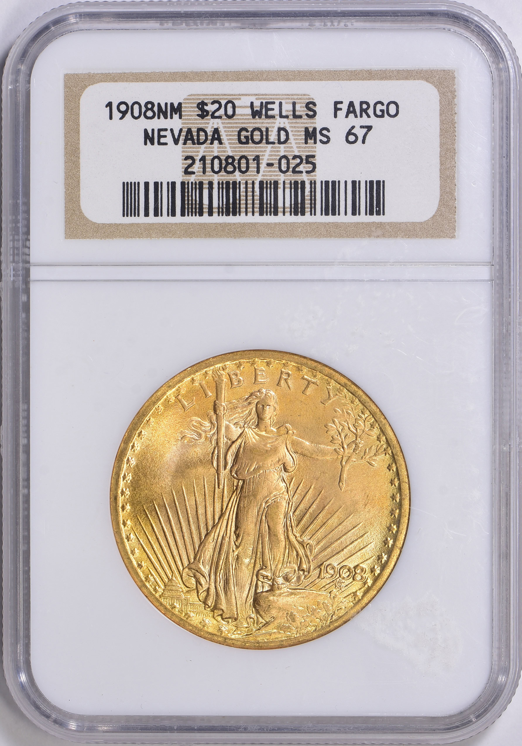 1908 Saint-Gaudens Gold Double Eagle No Motto Wells Fargo Nevada Gold ...