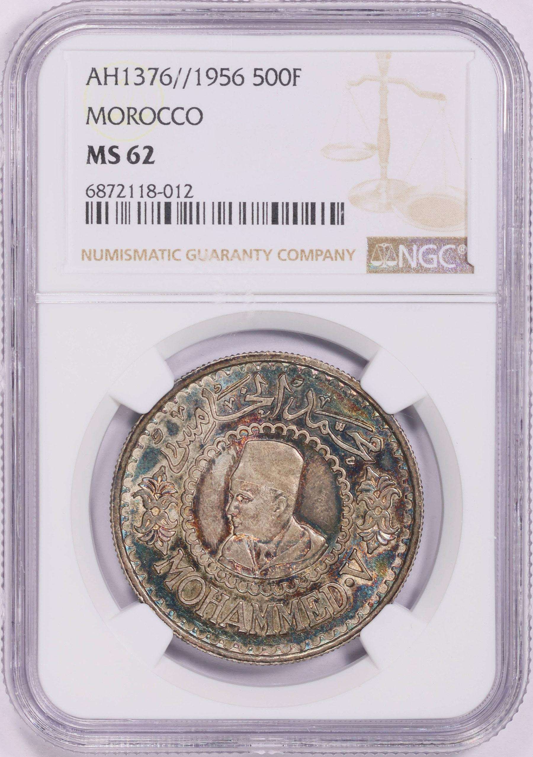 Morocco AH 1376 // 1956 Silver 500 Y-54 Francs NGC MS-62 (Toned) (Item ...