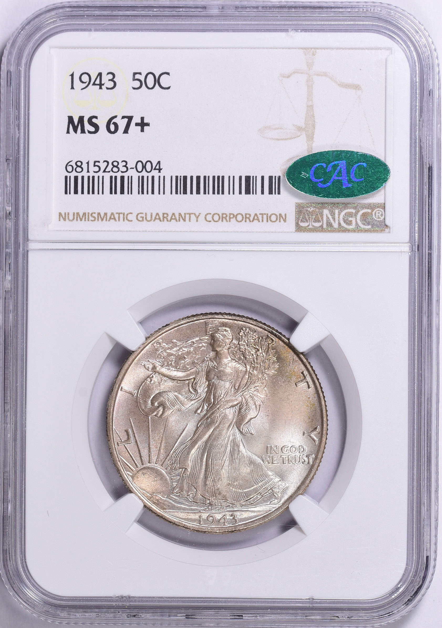 1943 Walking Liberty Half Dollar NGC MS-67+ (CAC Green) (Toned) (Item 1603085 ...