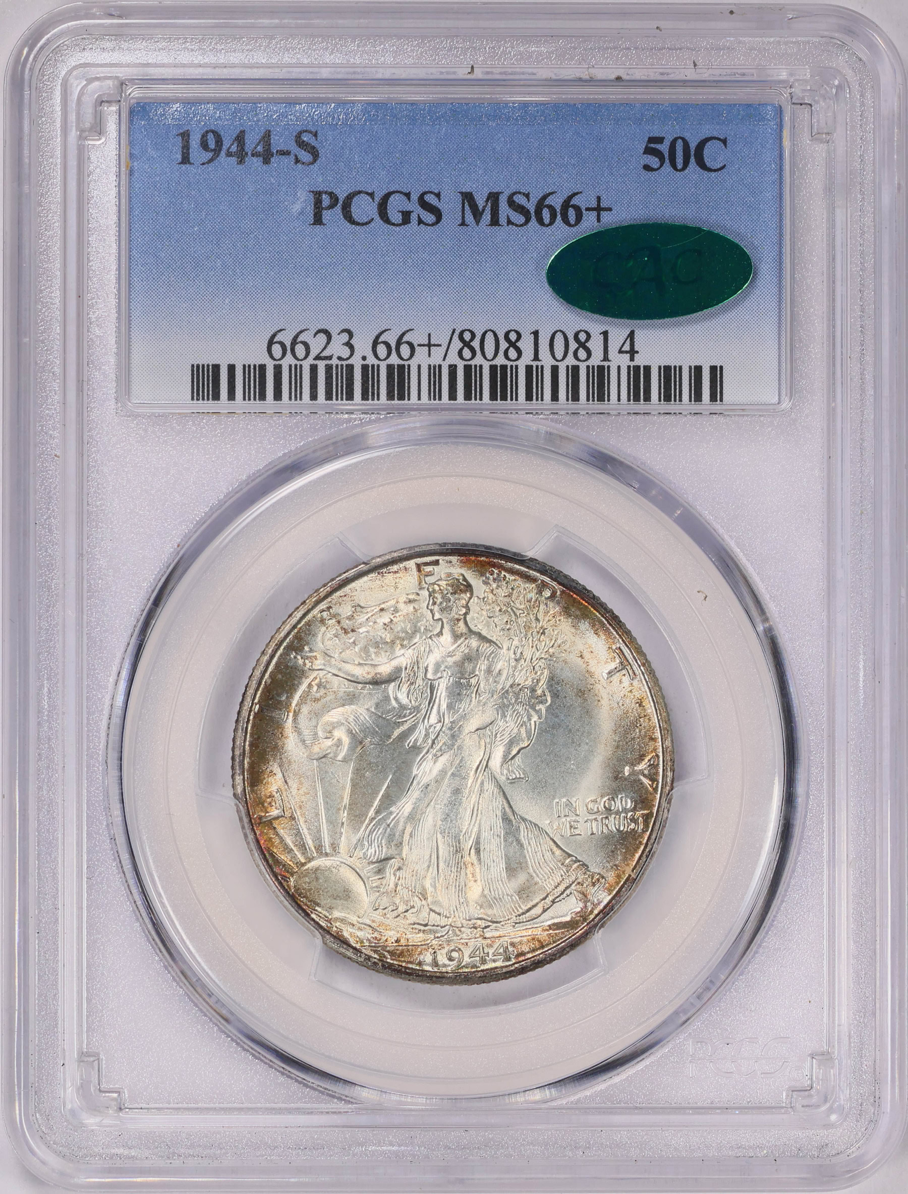 1944-S Walking Liberty Half Dollar PCGS MS-66+ (CAC Green) (Toned) (Item 1603092 ...