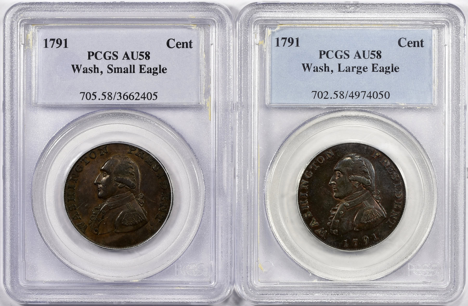 1791 Washington Cent Small Eagle and Large Eagle PCGS AU-58 BN (2 Coins ...