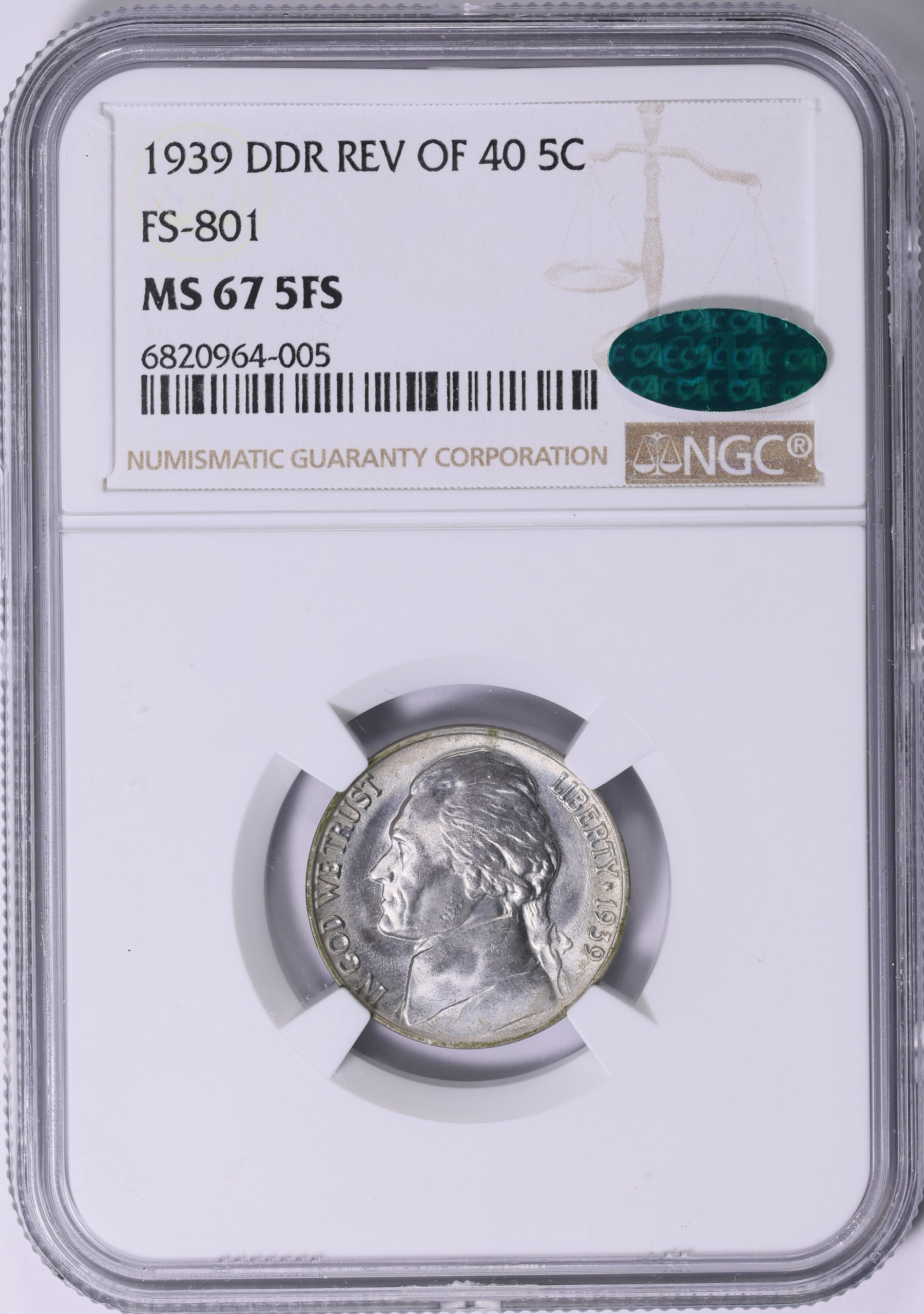 1939 Jefferson Nickel DDR Rev of 40 FS-801 NGC MS-67 5FS (CAC Green ...