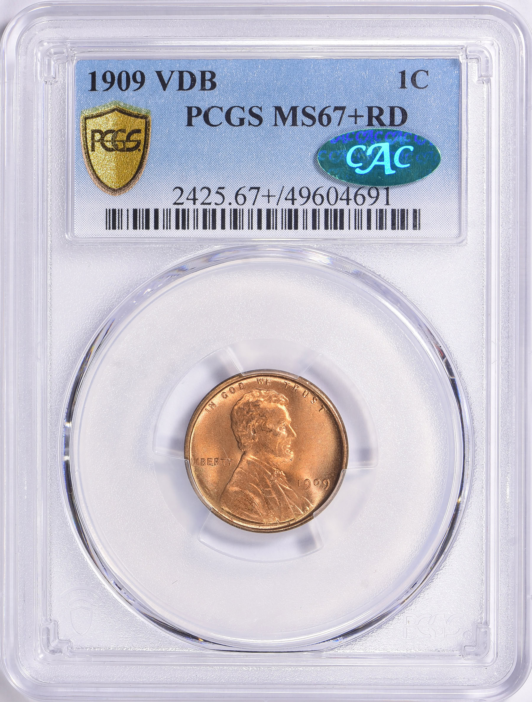 1909 Lincoln Cent V.D.B. PCGS MS-67+ RD (CAC Green) (Item 1603225) | GreatCollections Coin Auctions