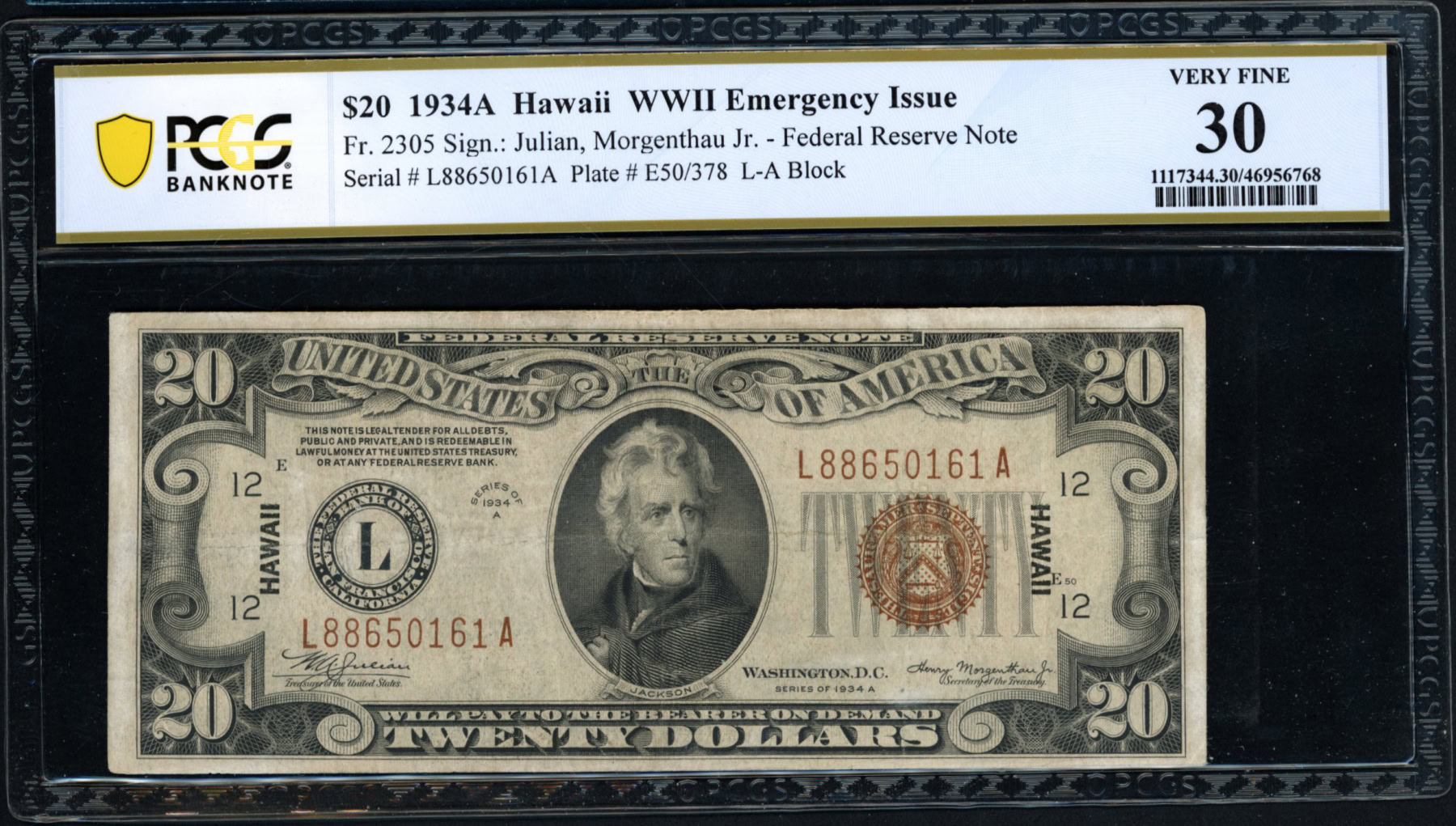 Fr. 2305 (LA Block) 1934A $20 Hawaii WWII Emergency Issue Note Julian ...