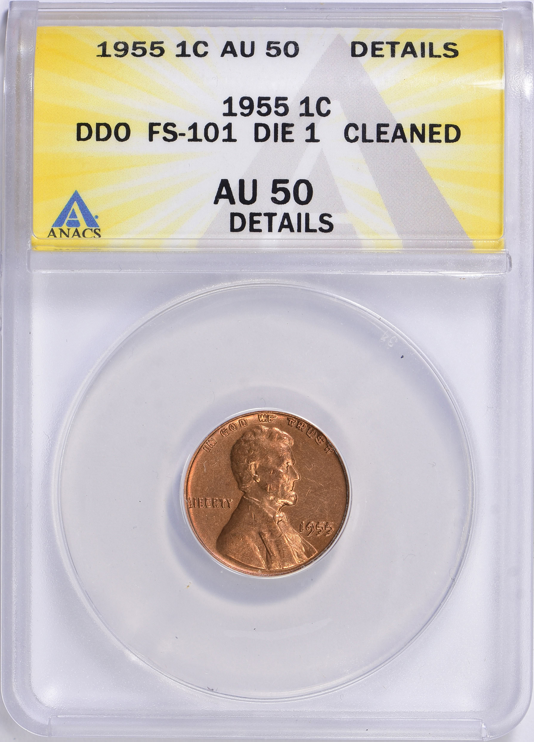 1955 Lincoln Cent Doubled Die Obverse FS-101 Die 1 ANACS AU-50 Details (Item 1605035 ...