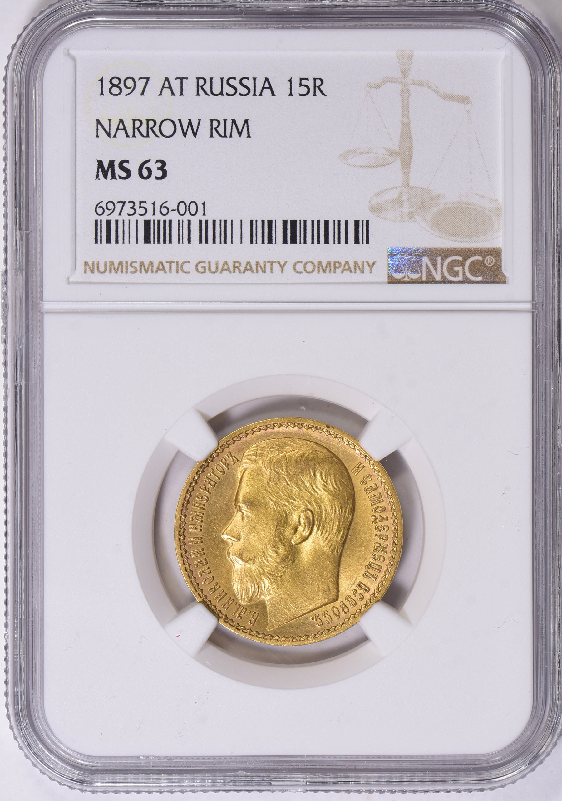 Russia 1897-AT Gold 15 Roubles Narrow Rim Y-65.2 NGC MS-63 (AGW = 0.3734 oz.) (Item 1605596 ...