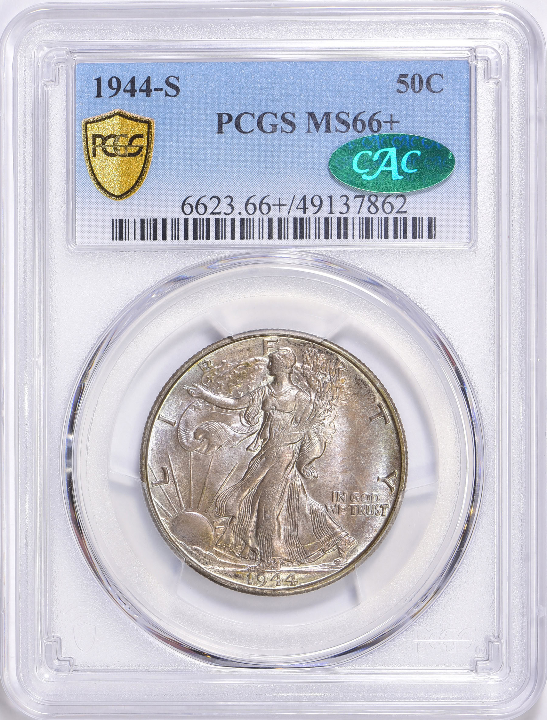 1944-S Walking Liberty Half Dollar PCGS MS-66+ (CAC Green) (Toned) (Item 1606676 ...