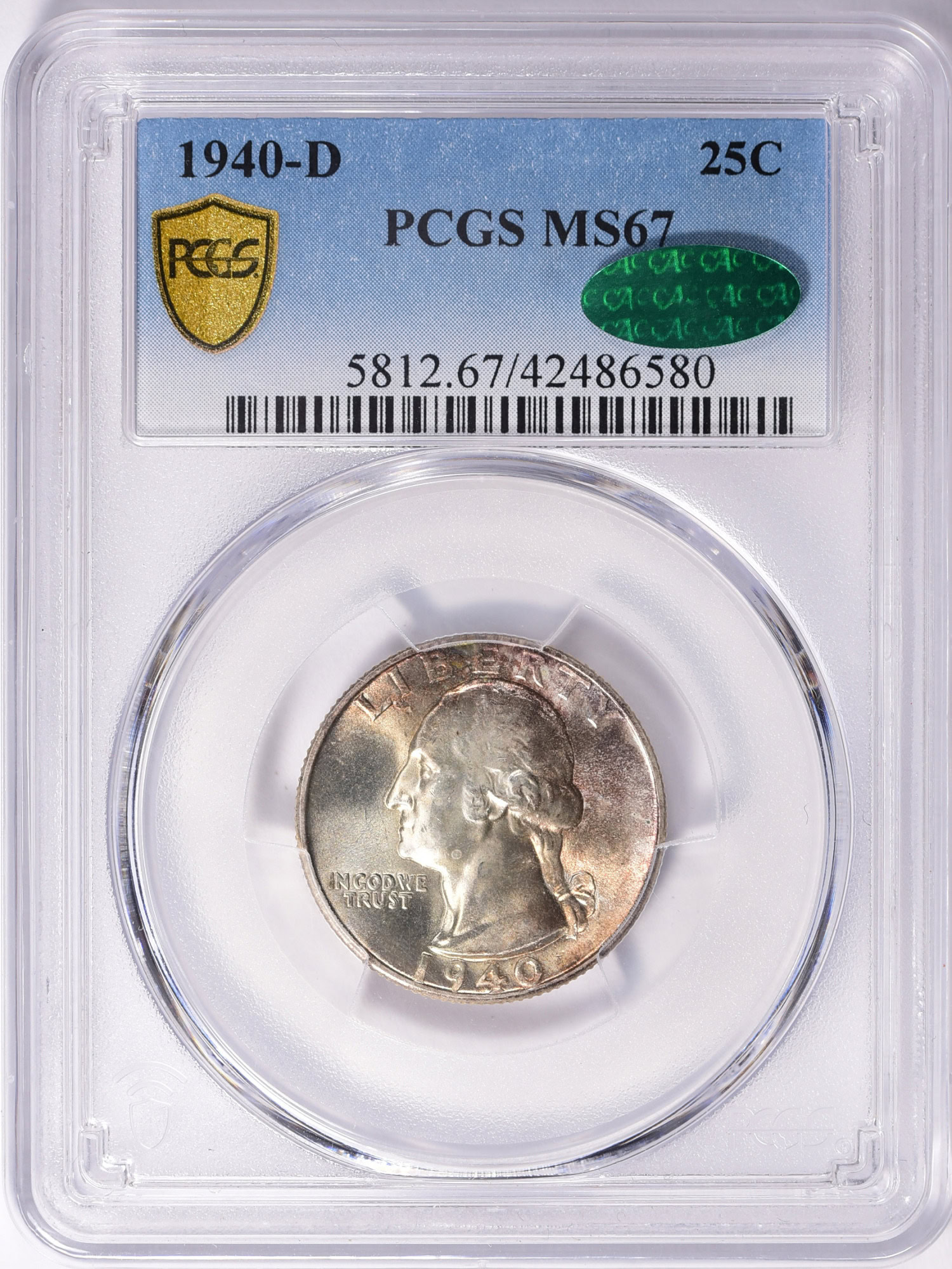 1940-D Washington Quarter PCGS MS-67 (CAC Green) (Toned) (Duckor Collection) (Item 1606830 ...