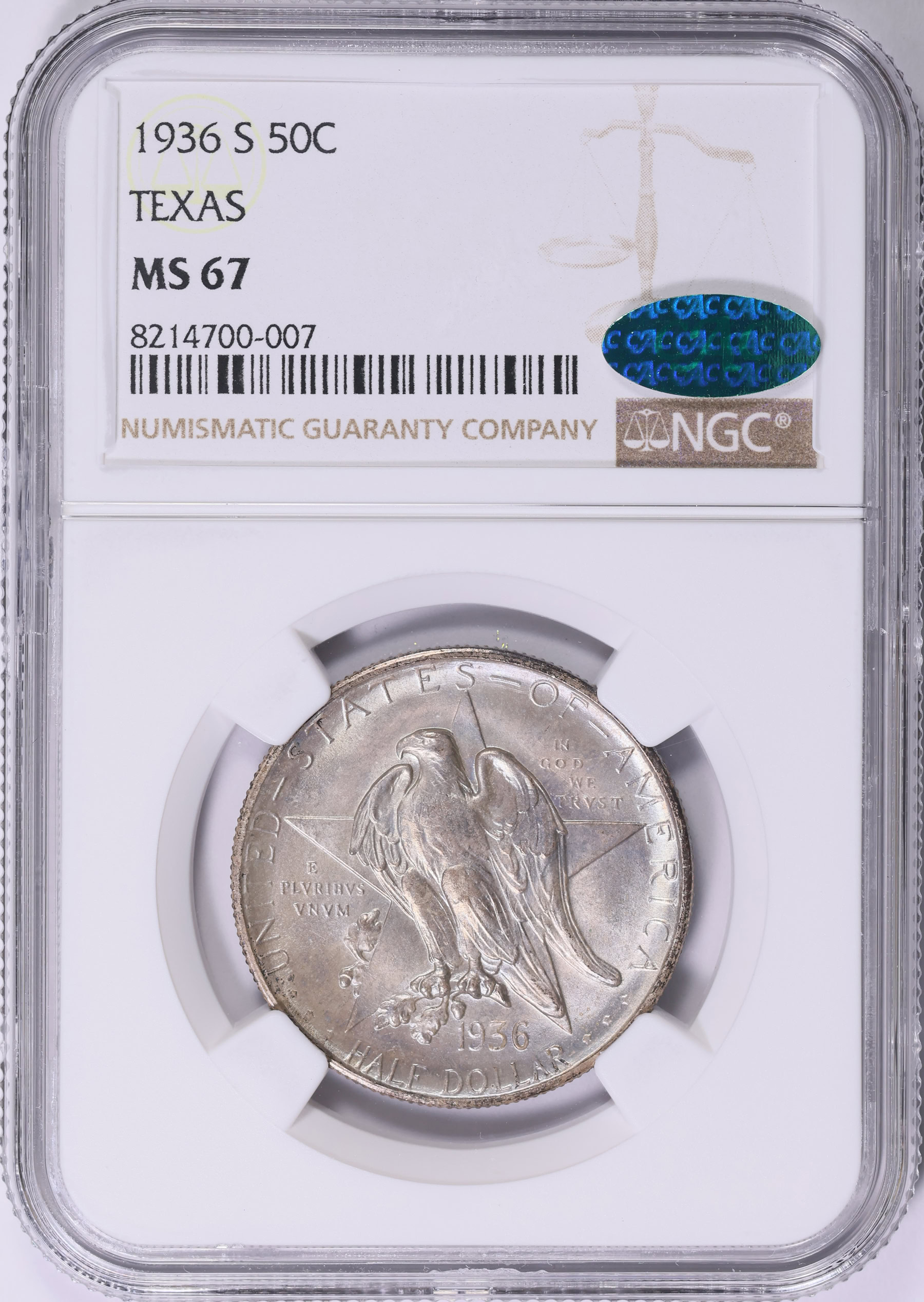 1936-S Texas Centennial Half Dollar NGC MS-67 (CAC Green) (Toned) (Item ...