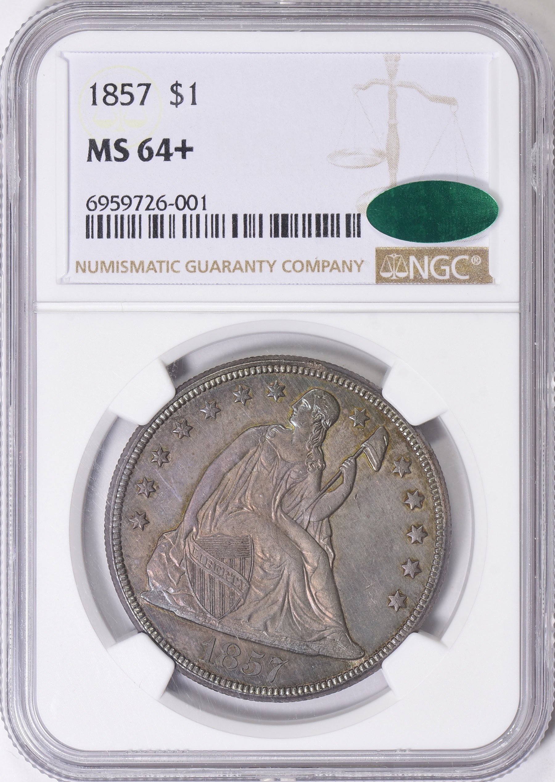 1857 Seated Liberty Silver Dollar NGC MS-64+ (CAC Green) (Toned) (Item ...
