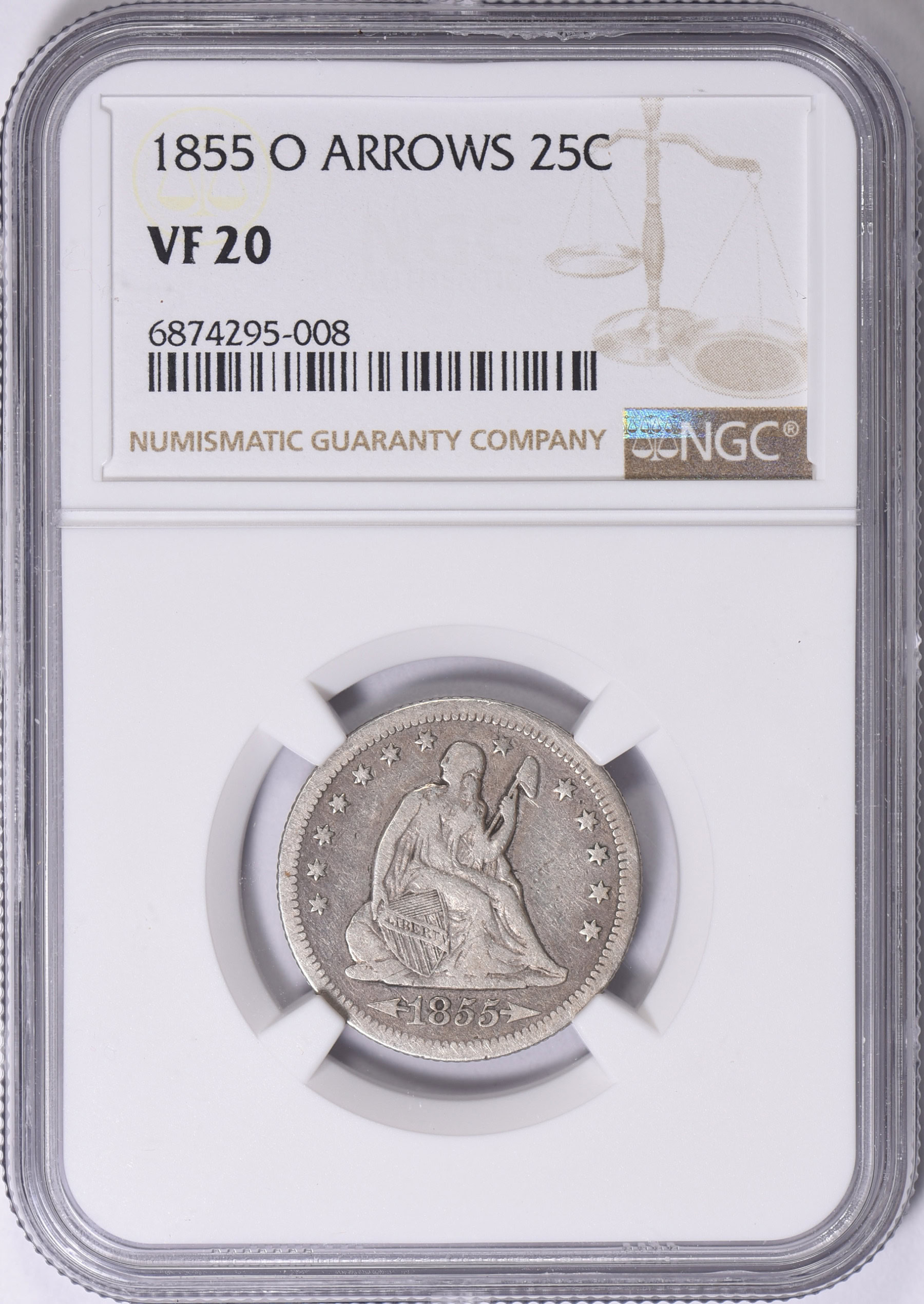 1855-O Seated Liberty Quarter Arrows NGC VF-20 (Item 1608120 ...