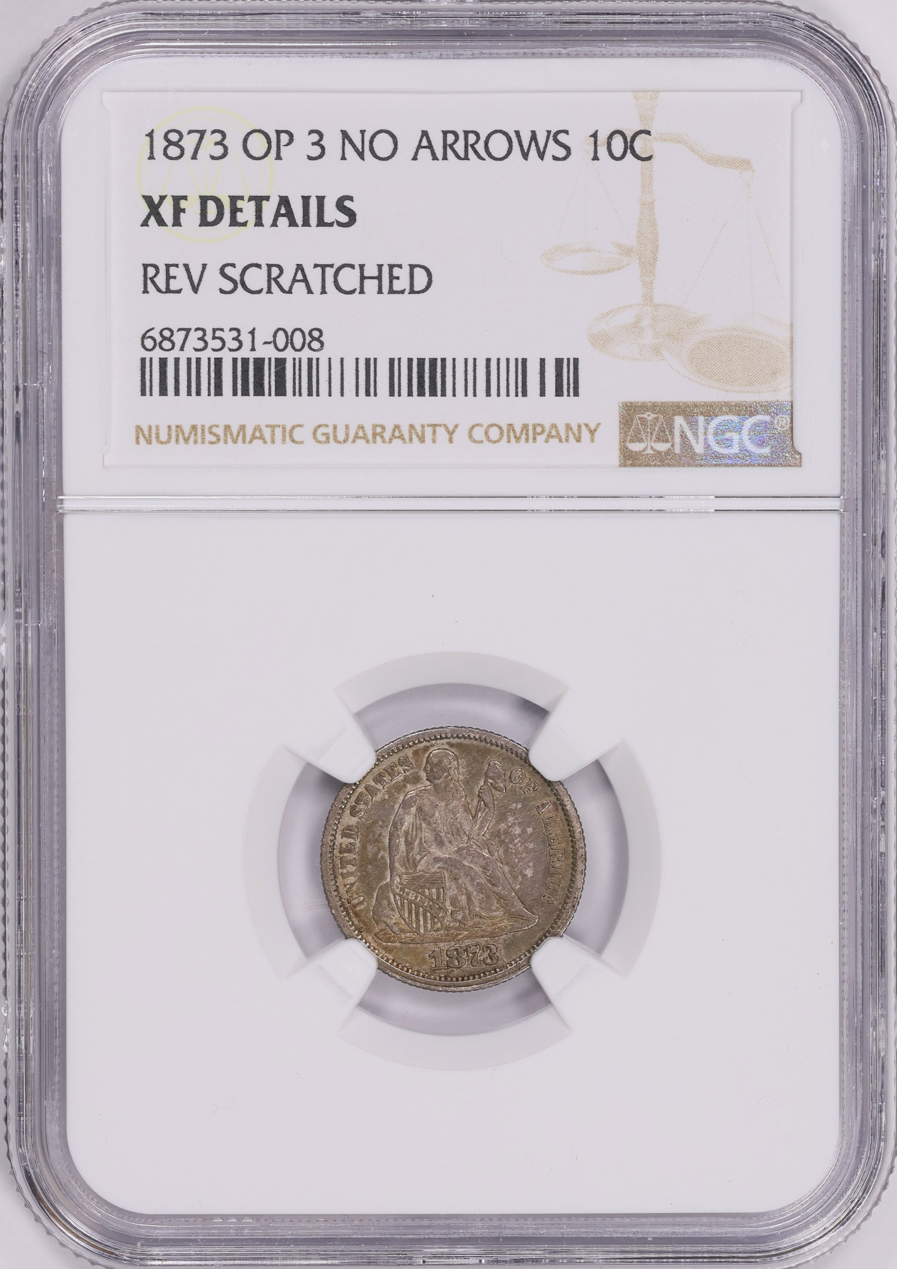 1873 Seated Liberty Dime No Arrows. Open 3 NGC XF Details (Item 1608545) | GreatCollections Coin ...