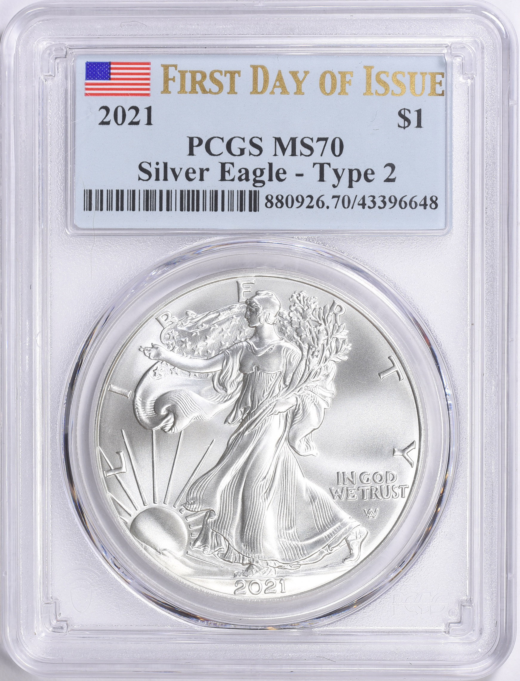 2021 $1 Silver Eagle Silver Eagle - Type 2 First Day of Issue PCGS MS-70 (Item 1608546 ...
