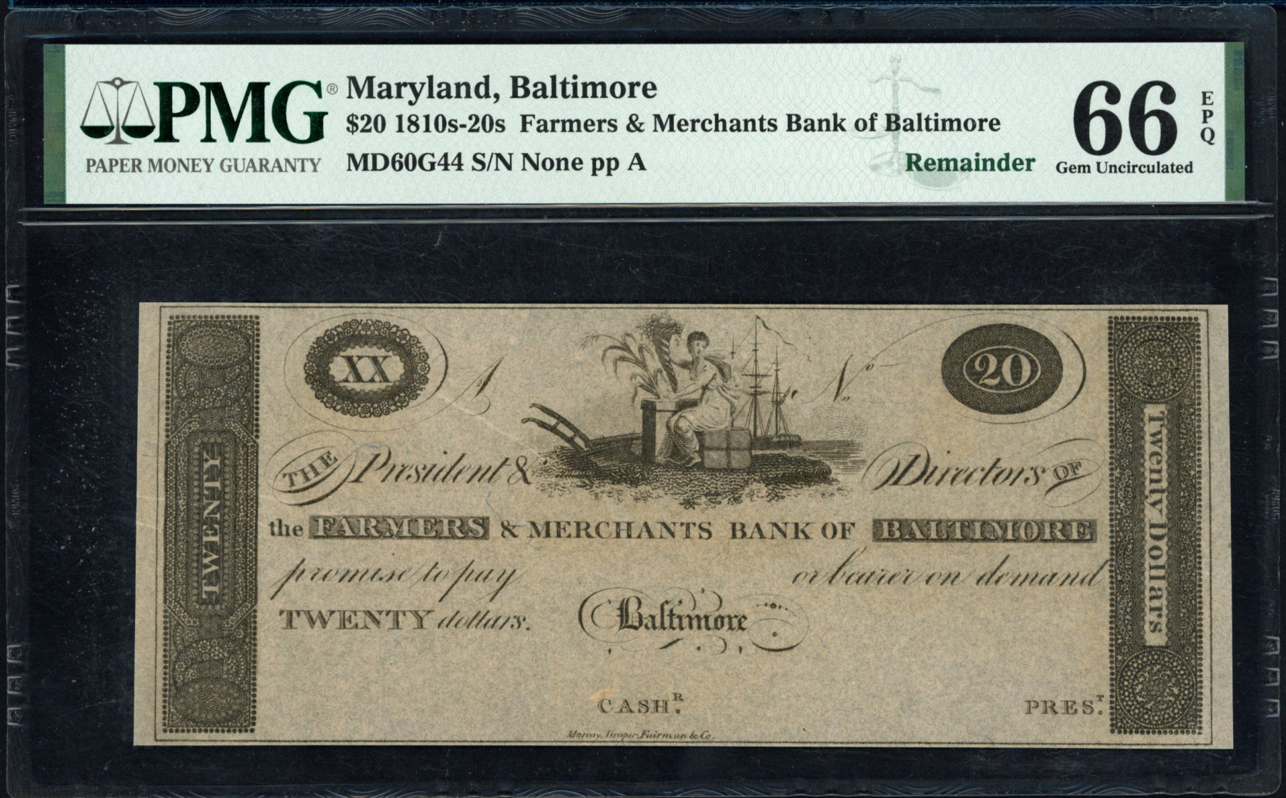 1810s-20s Baltimore, Maryland Farmers & Merchants Bank of Baltimore $20 ...