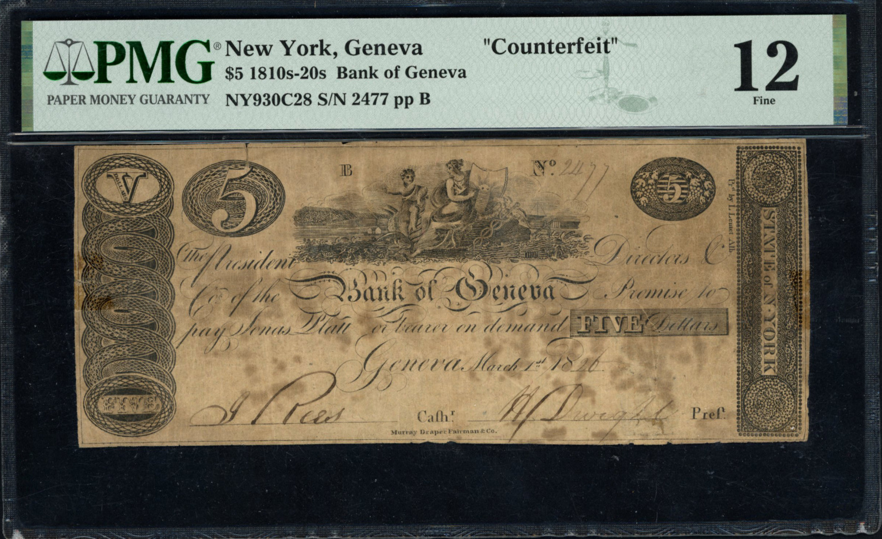 1826 Geneva, New York Bank of Geneva $5 Counterfeit Note PMG Fine 12 ...