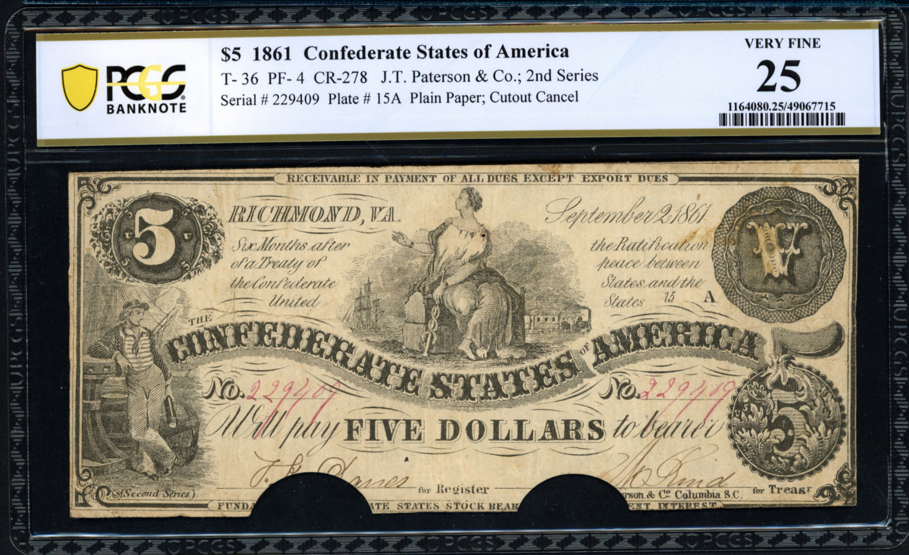 T. 36 Confederate States of America 1861 $5 Note PCGS Banknote Very ...