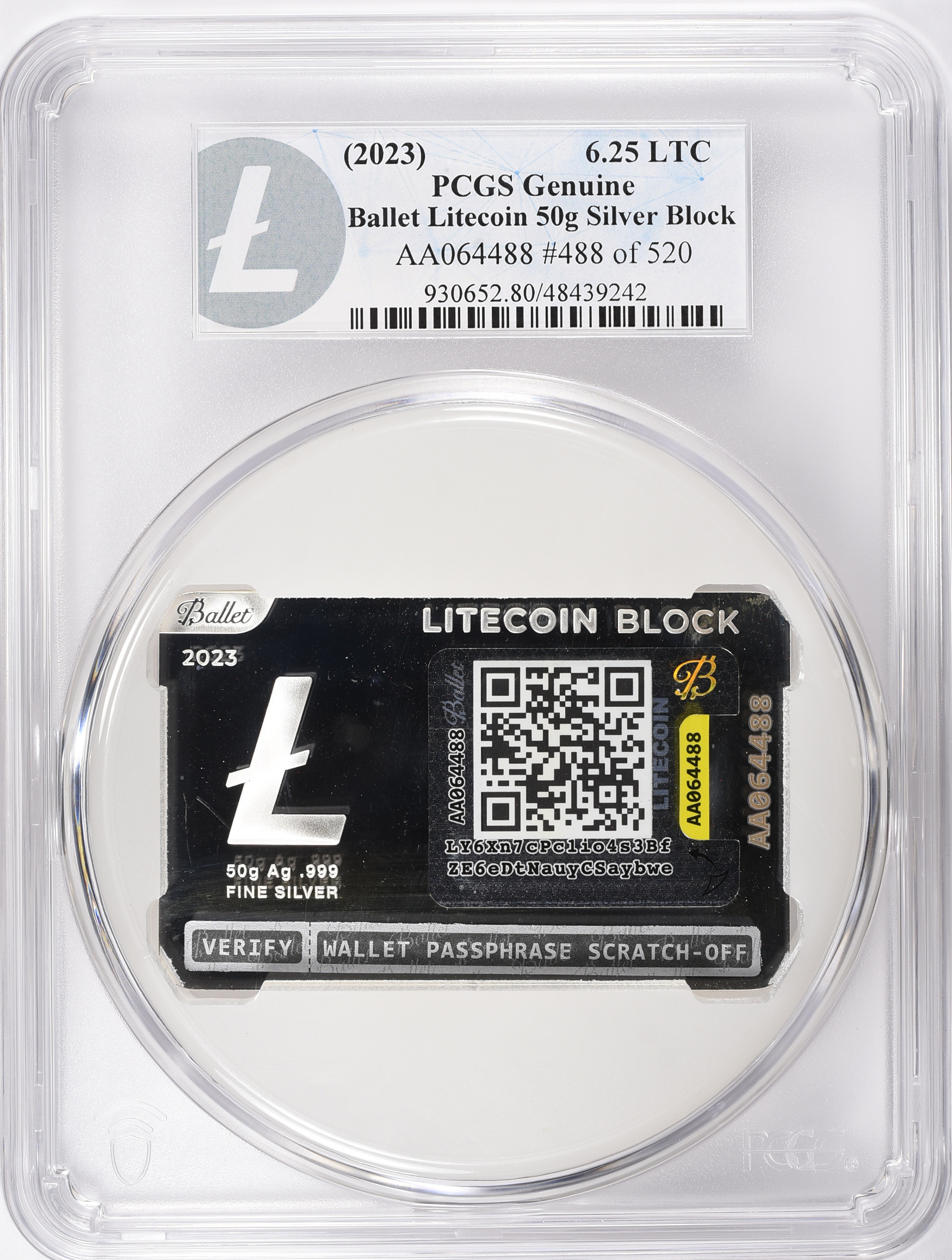 2023 6.25 LTC Ballet Litecoin 50g Silver Block PCGS Certified Genuine ...