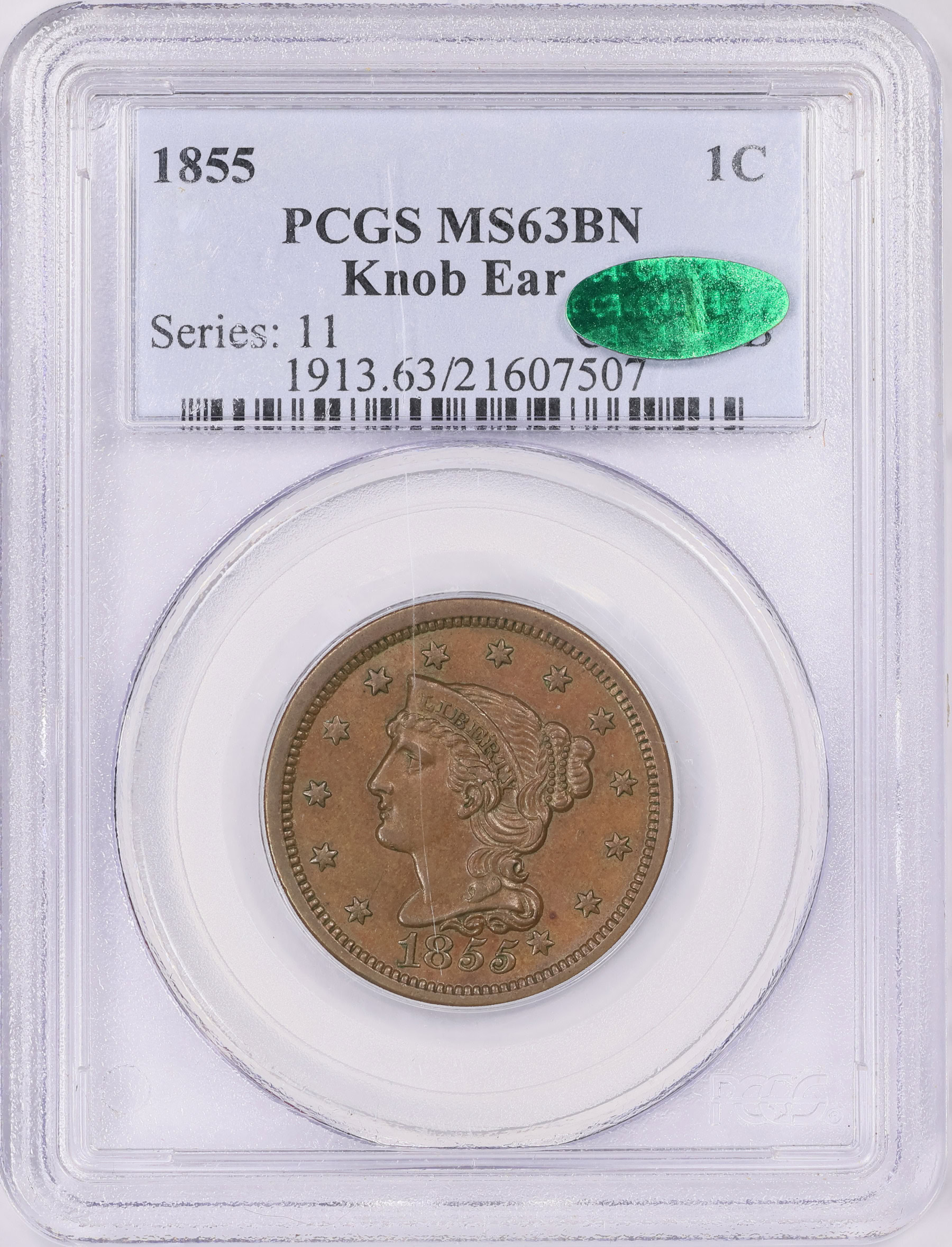 1855 Braided Hair Cent Knob on Ear PCGS MS-63 BN (CAC Green) (Item ...