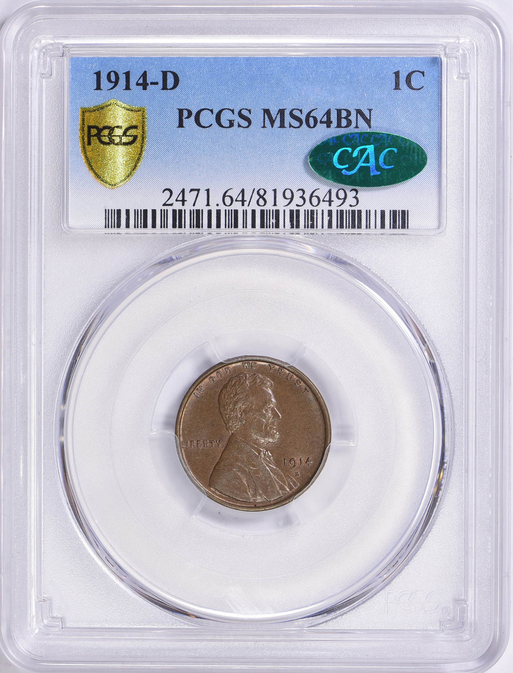 1914-D Lincoln Cent PCGS MS-64 BN (CAC Green) (Item 1609058) | GreatCollections Coin Auctions