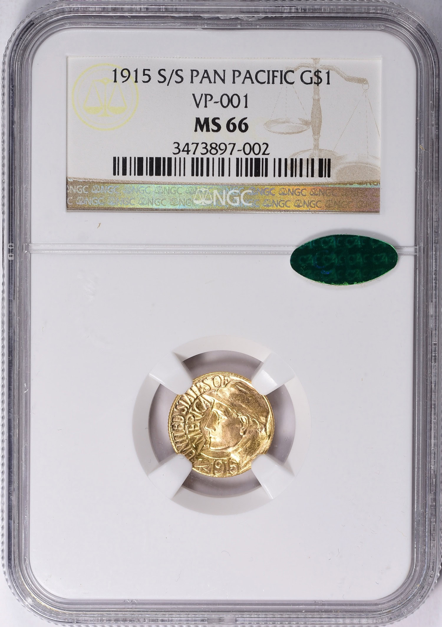1915-S/S Panama-Pacific Exposition Gold Dollar VP-001 NGC MS-66 (CAC Green) (Item 1609750 ...