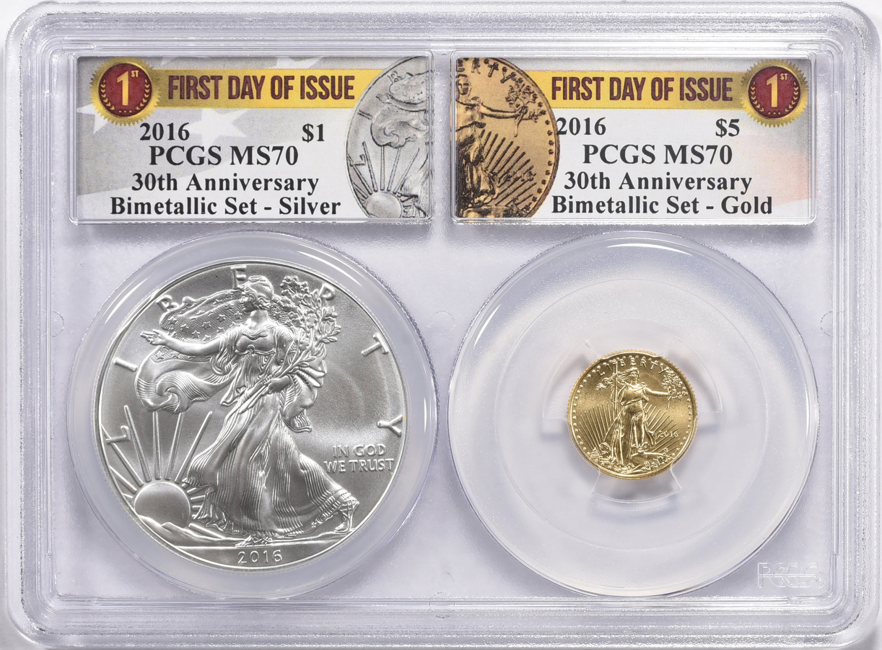 2016 $5 Tenth-Ounce Gold American Eagle and $1 Silver Eagle Bimetallic Set - First Day of Issue ...