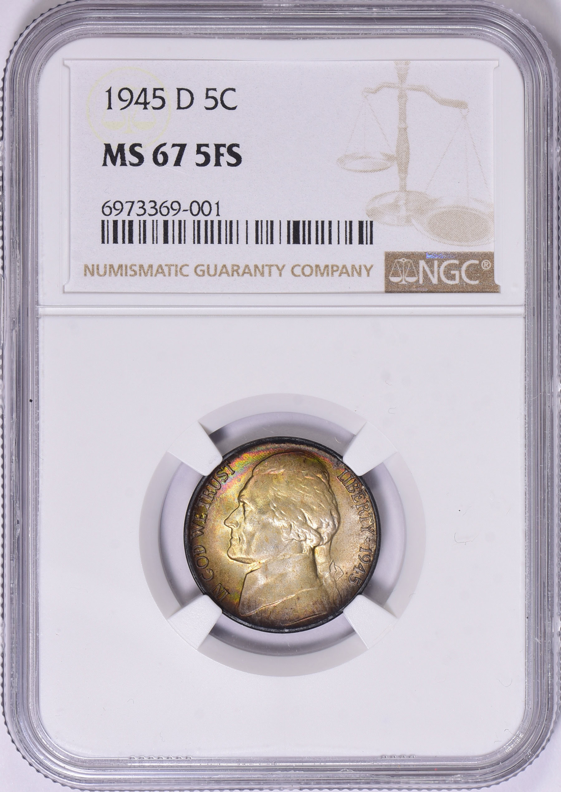1945-D Jefferson Nickel NGC MS-67 5FS (Toned) (Item 1611224) | GreatCollections Coin Auctions
