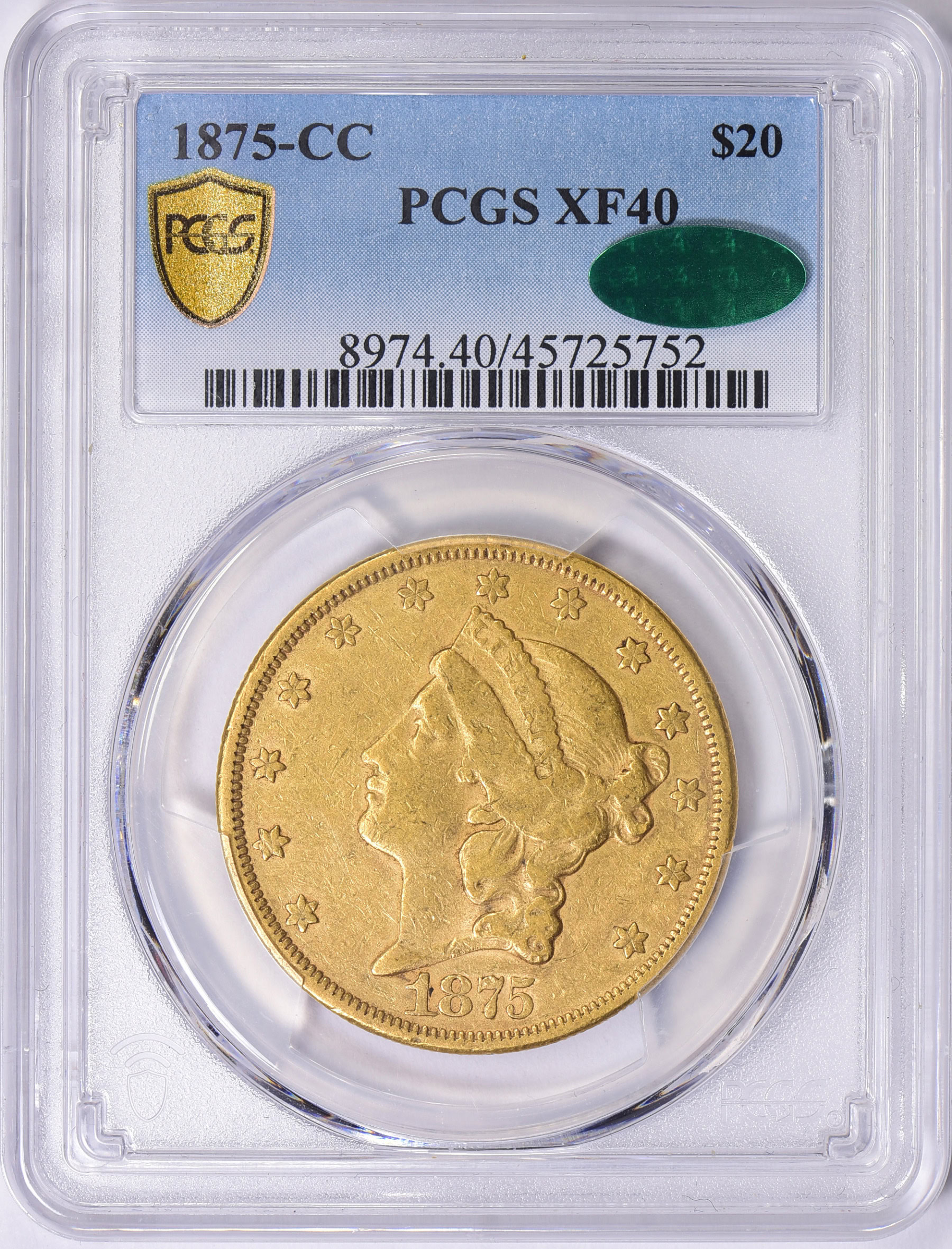 1875-CC Liberty Gold Double Eagle PCGS XF-40 (CAC Green) (Item 1611471) | GreatCollections Coin ...