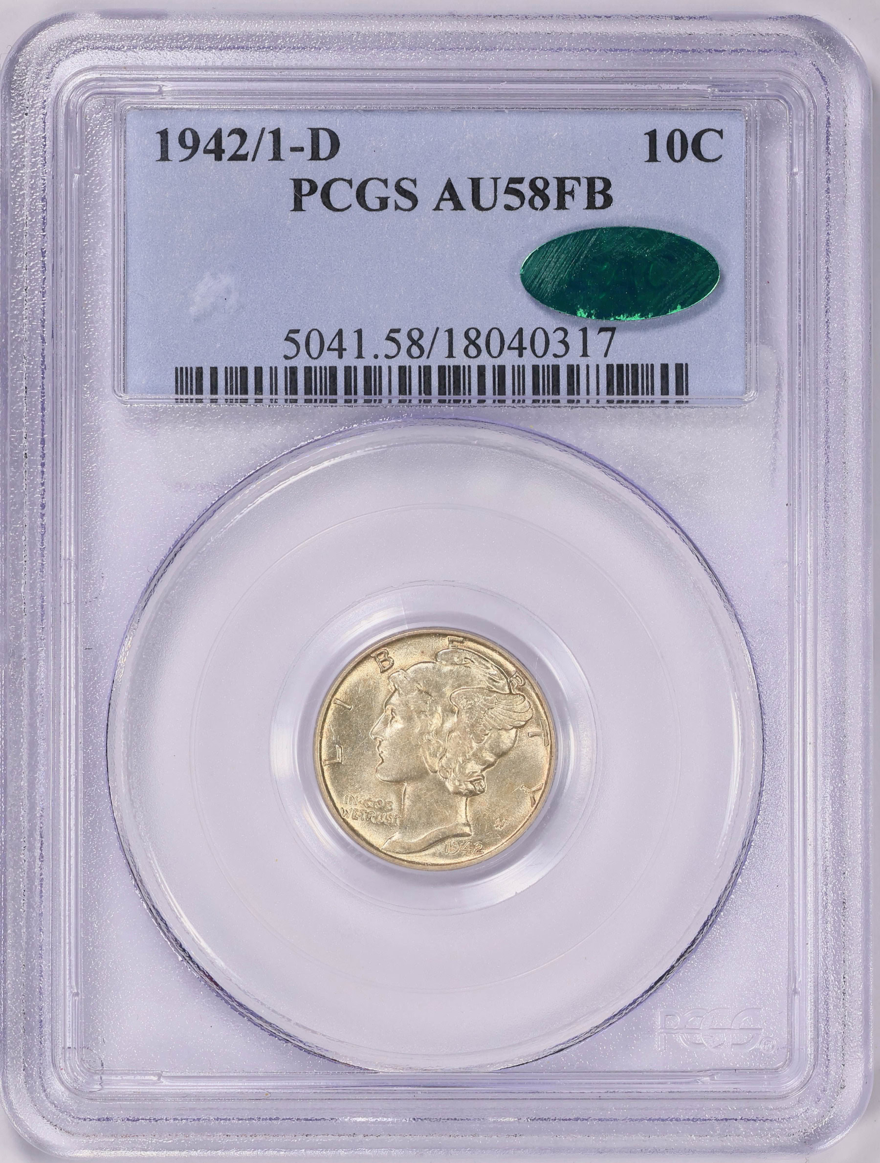 1942/1-D Mercury Dime PCGS AU-58 FB (CAC Green) (Item 1611775) | GreatCollections Coin Auctions