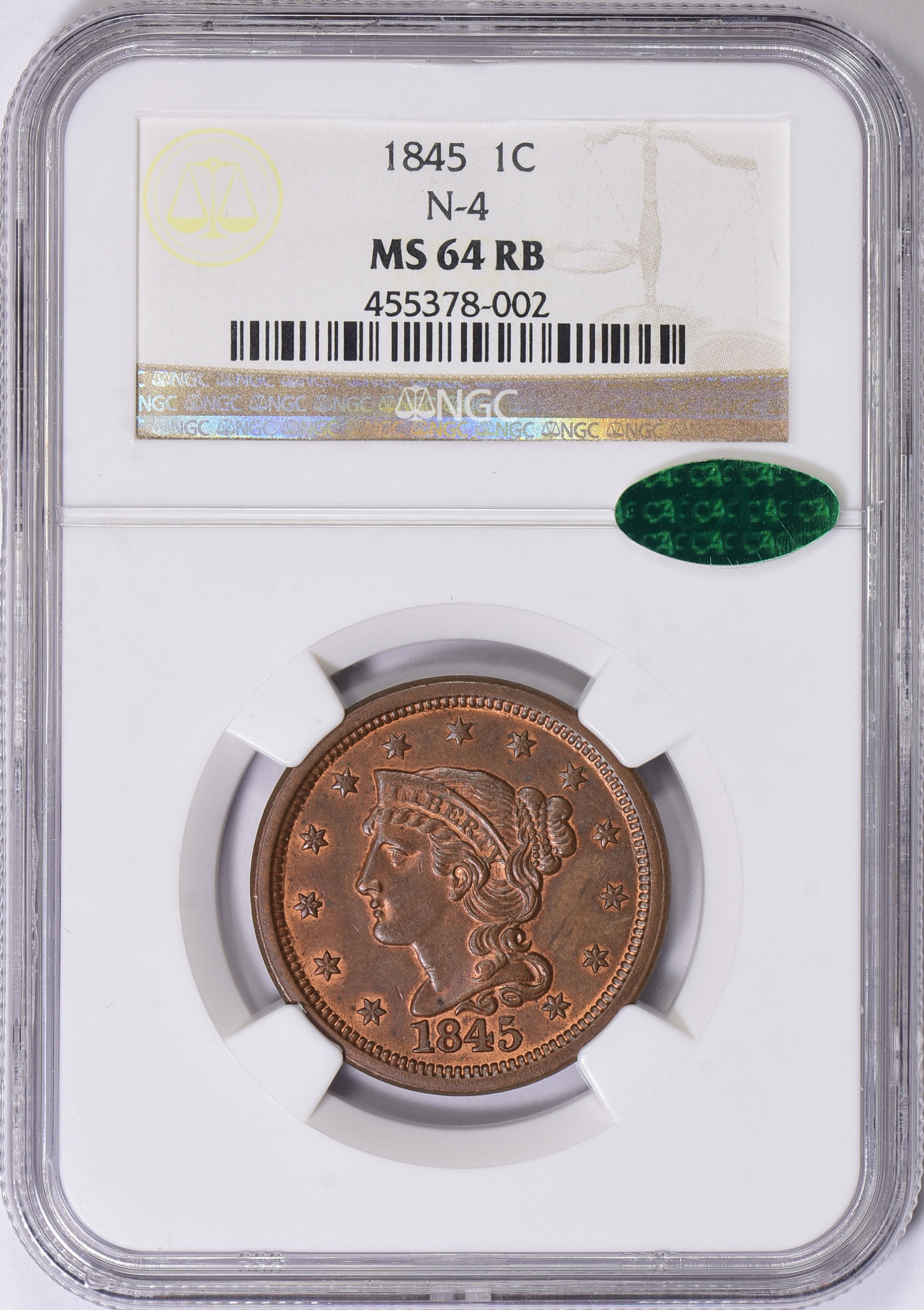 1845 Braided Hair Cent N-4 NGC MS-64 RB (CAC Green) (Item 1612548) | GreatCollections Coin Auctions