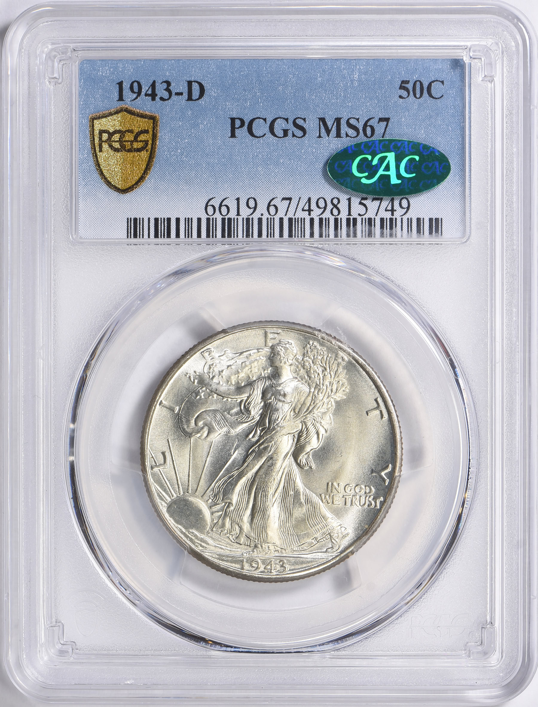 1943-D Walking Liberty Half Dollar PCGS MS-67 (CAC Green) (Item 1612941) | GreatCollections Coin ...
