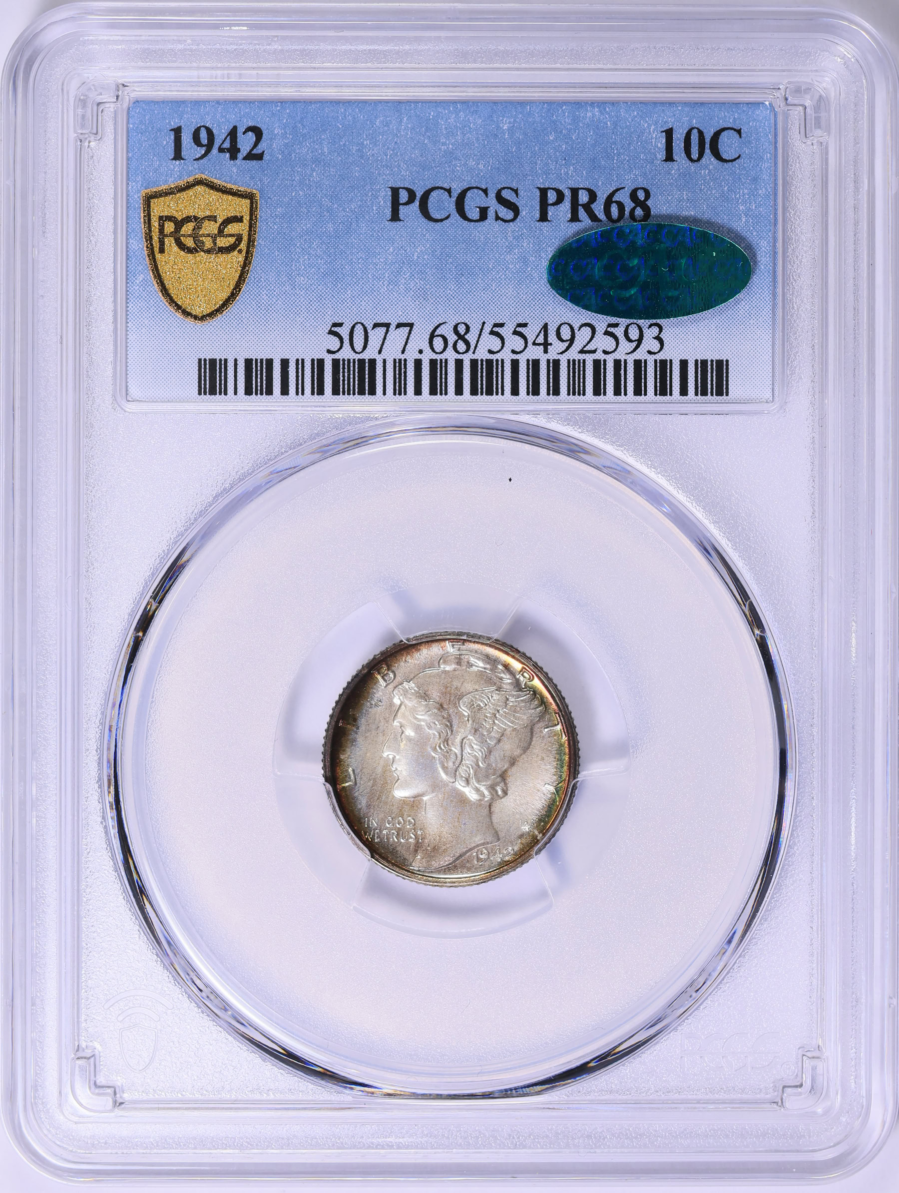 1942 Mercury Dime PCGS Proof-68 (CAC Green) (Toned) (Item 1612943) | GreatCollections Coin Auctions