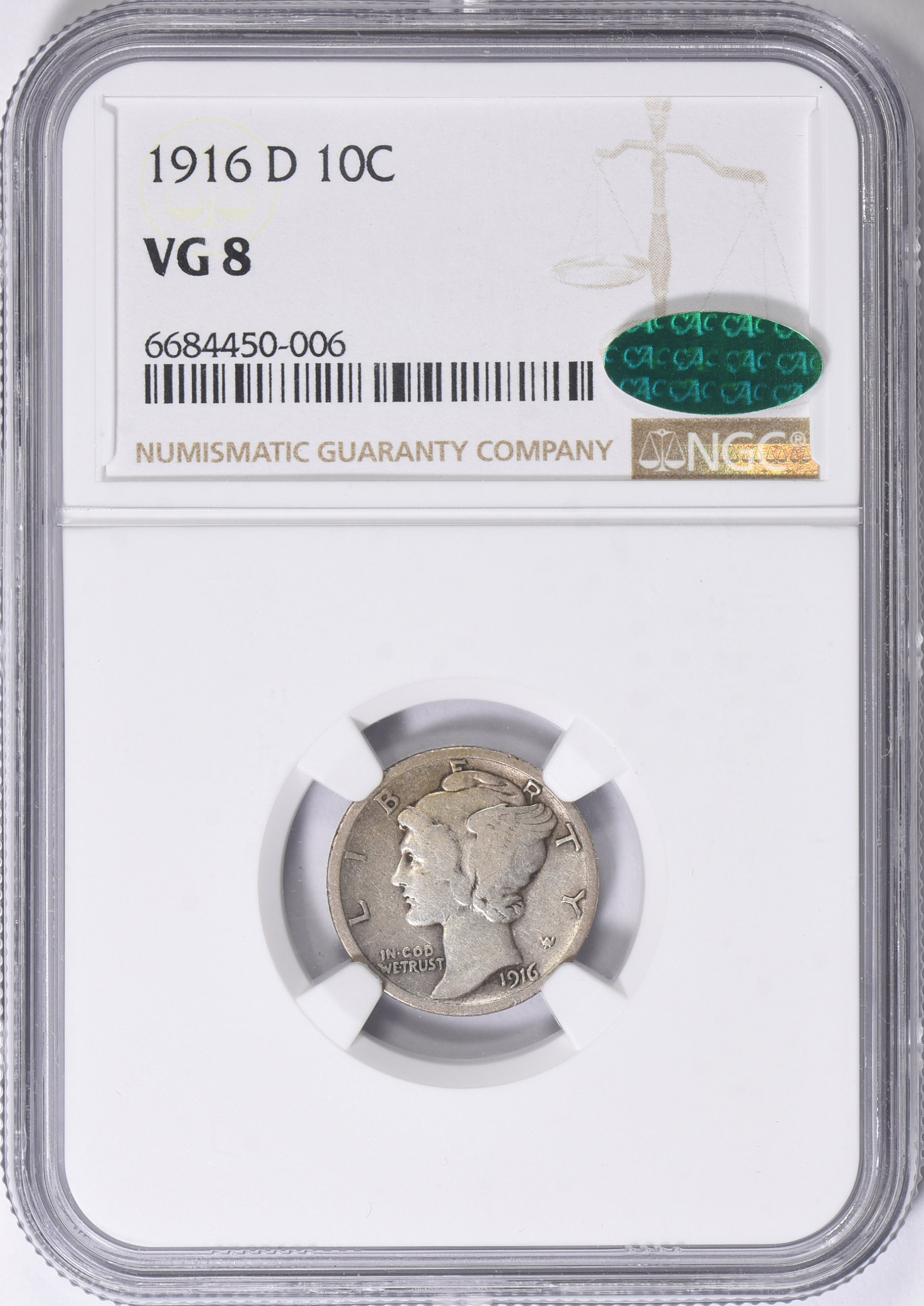 1916-D Mercury Dime NGC VG-8 (CAC Green) (Item 1613173) | GreatCollections Coin Auctions
