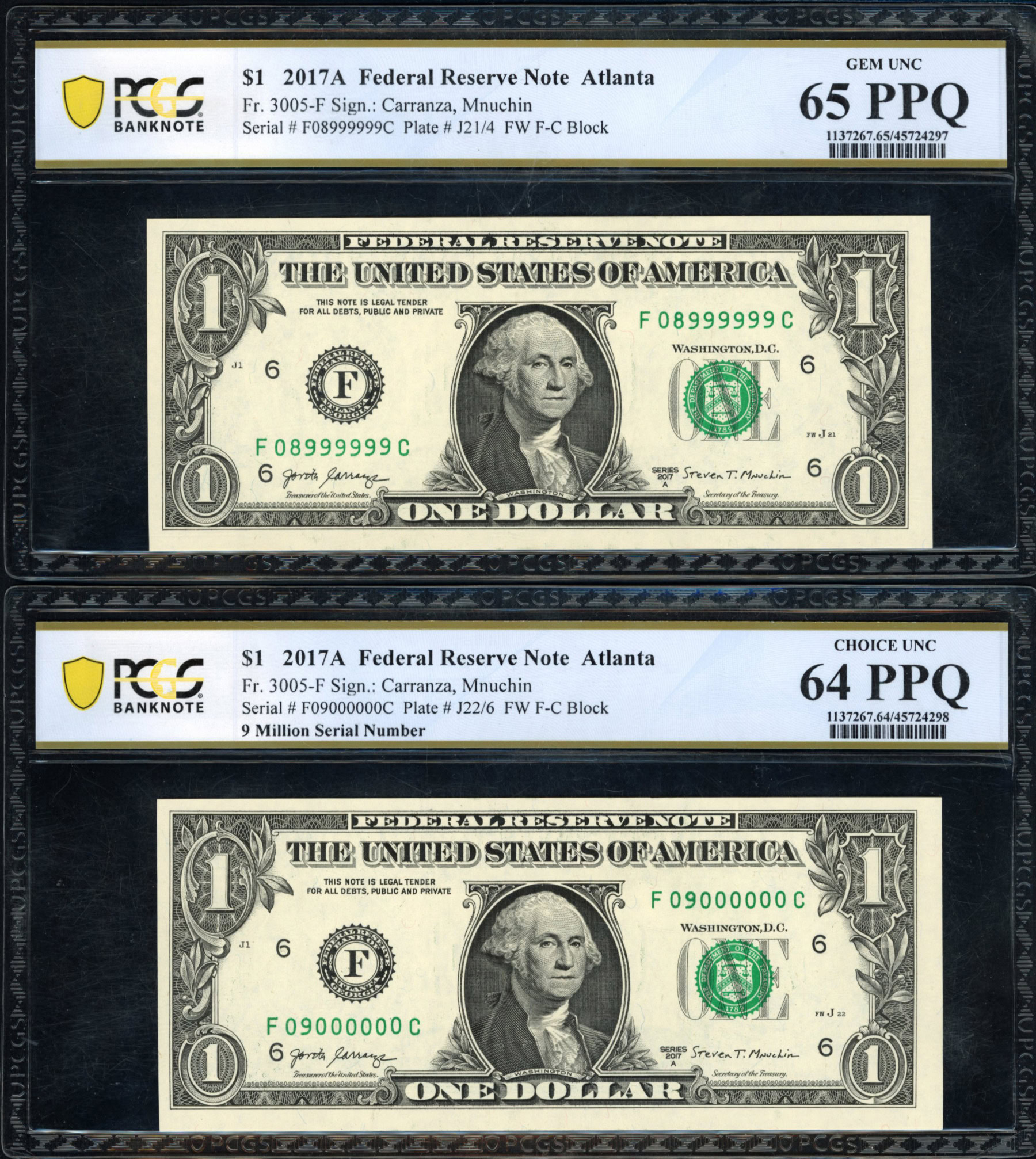 Fr. 3005-F (FC Block) 2017A $1 Atlanta Federal Reserve Notes Sequential ...